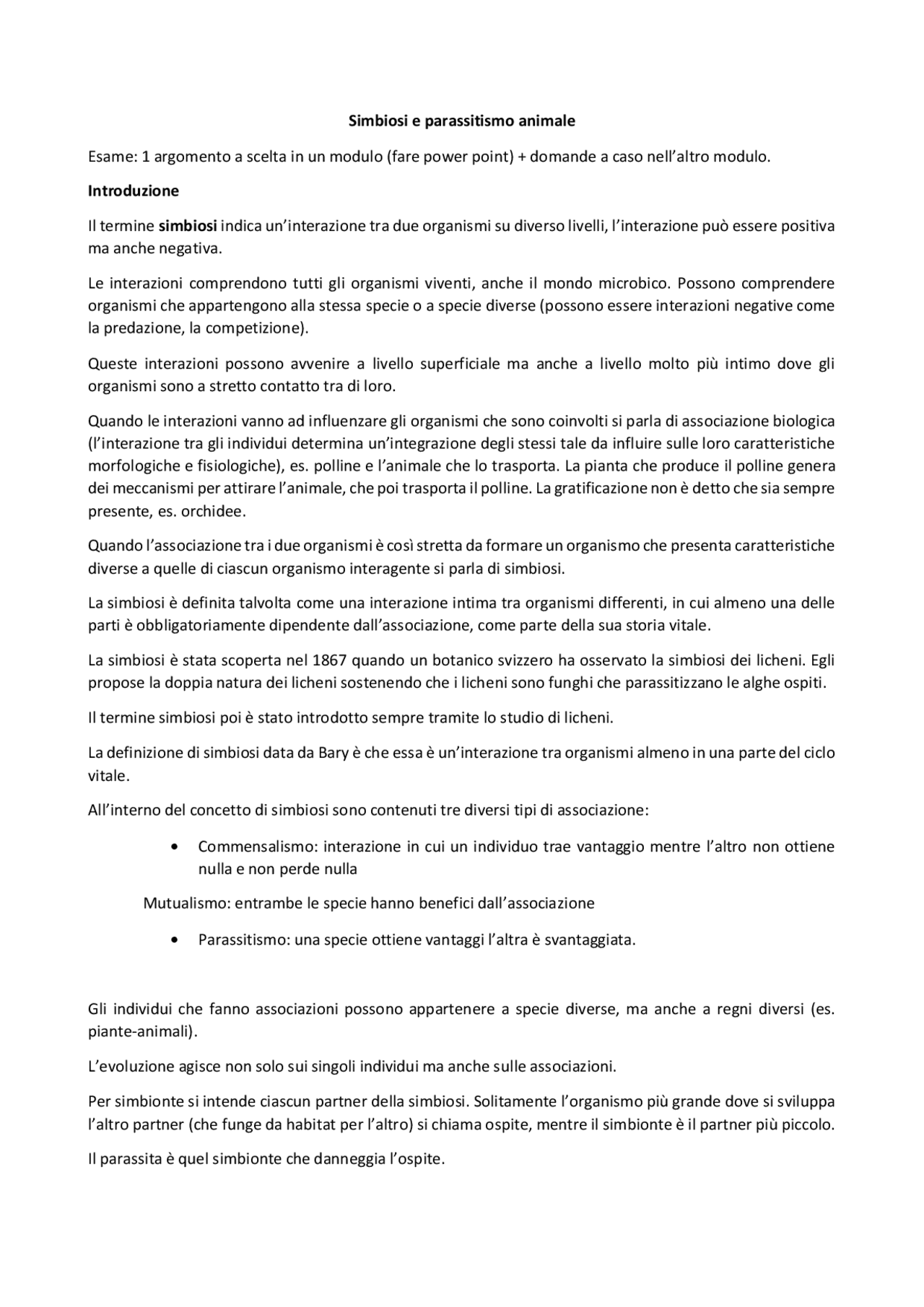 Simbiosi e parassitismo animale e vegetale - Docsity