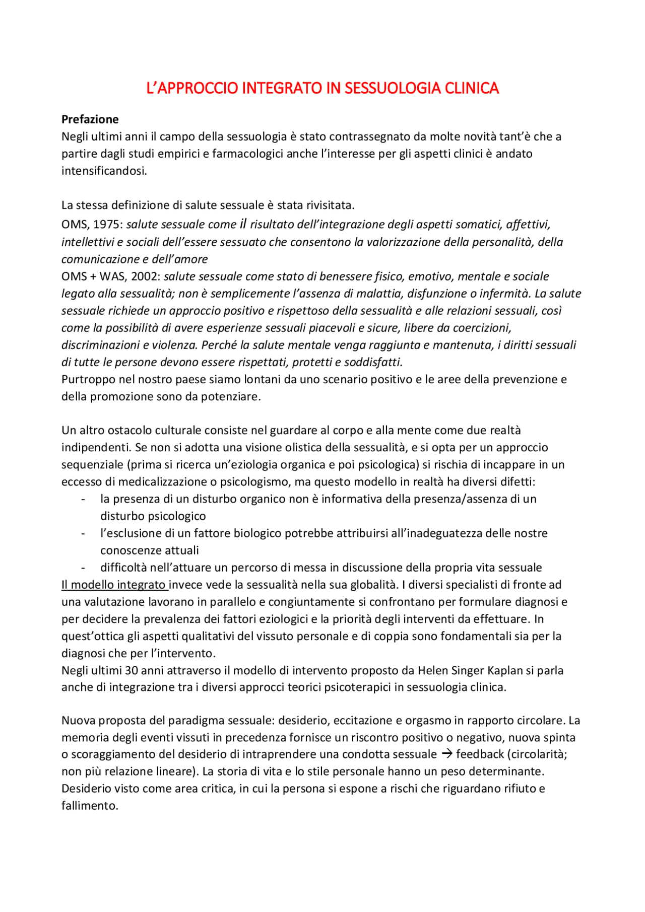 Riassunto "L'approccio integrato in sessuologia clinica" - Docsity