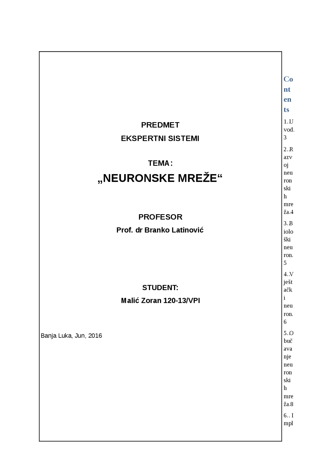 Neuronske mreže-seminarski rad | Beleške' predlog Veštačka inteligencija - Docsity