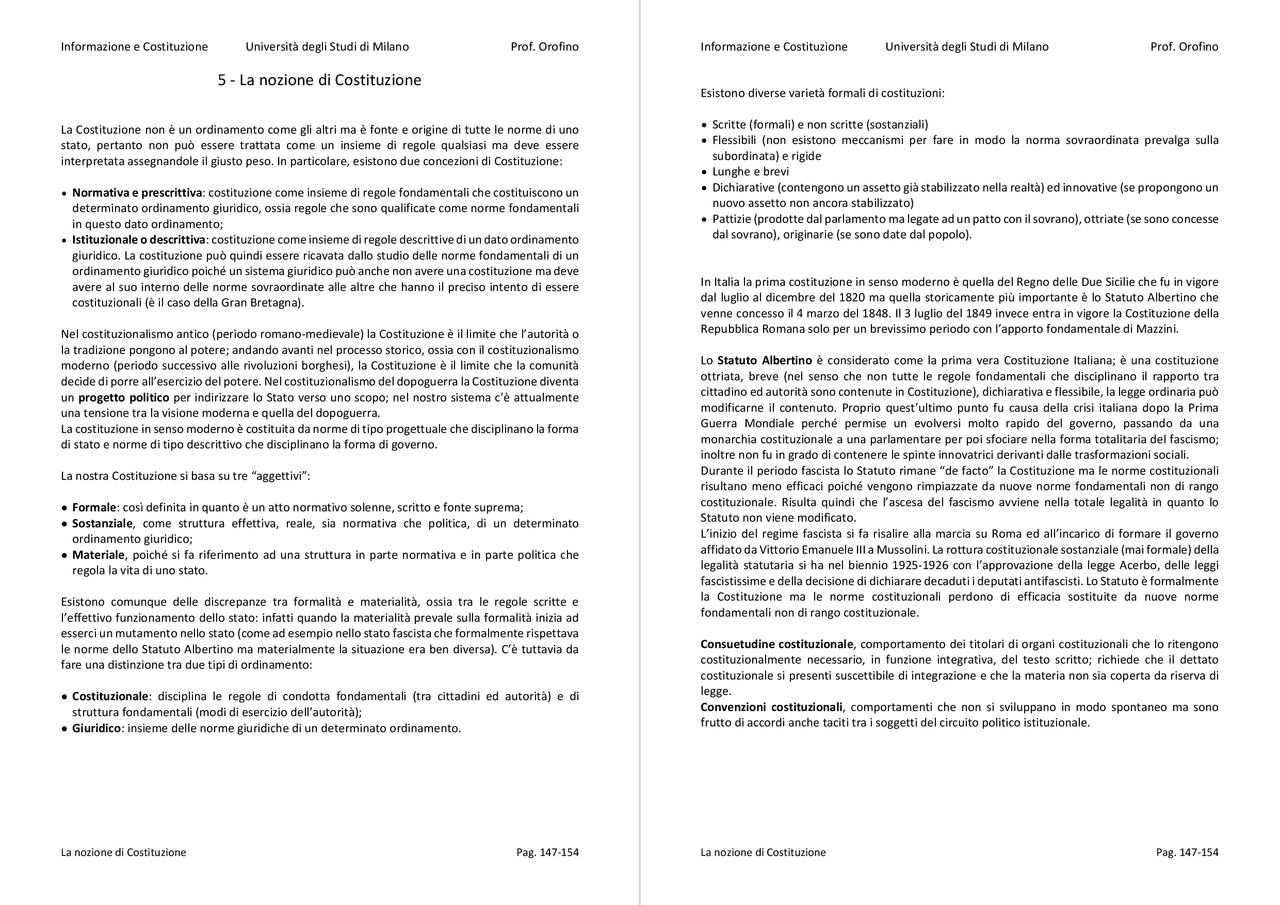 La nozione di Costituzione - Informazione e Costituzione - Docsity