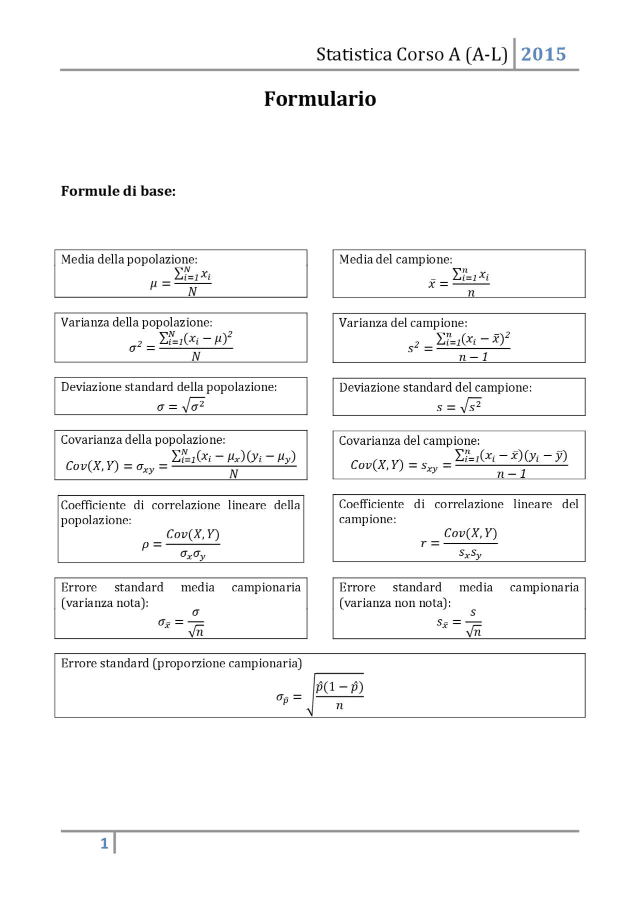 Formulario di statistica completo - Docsity