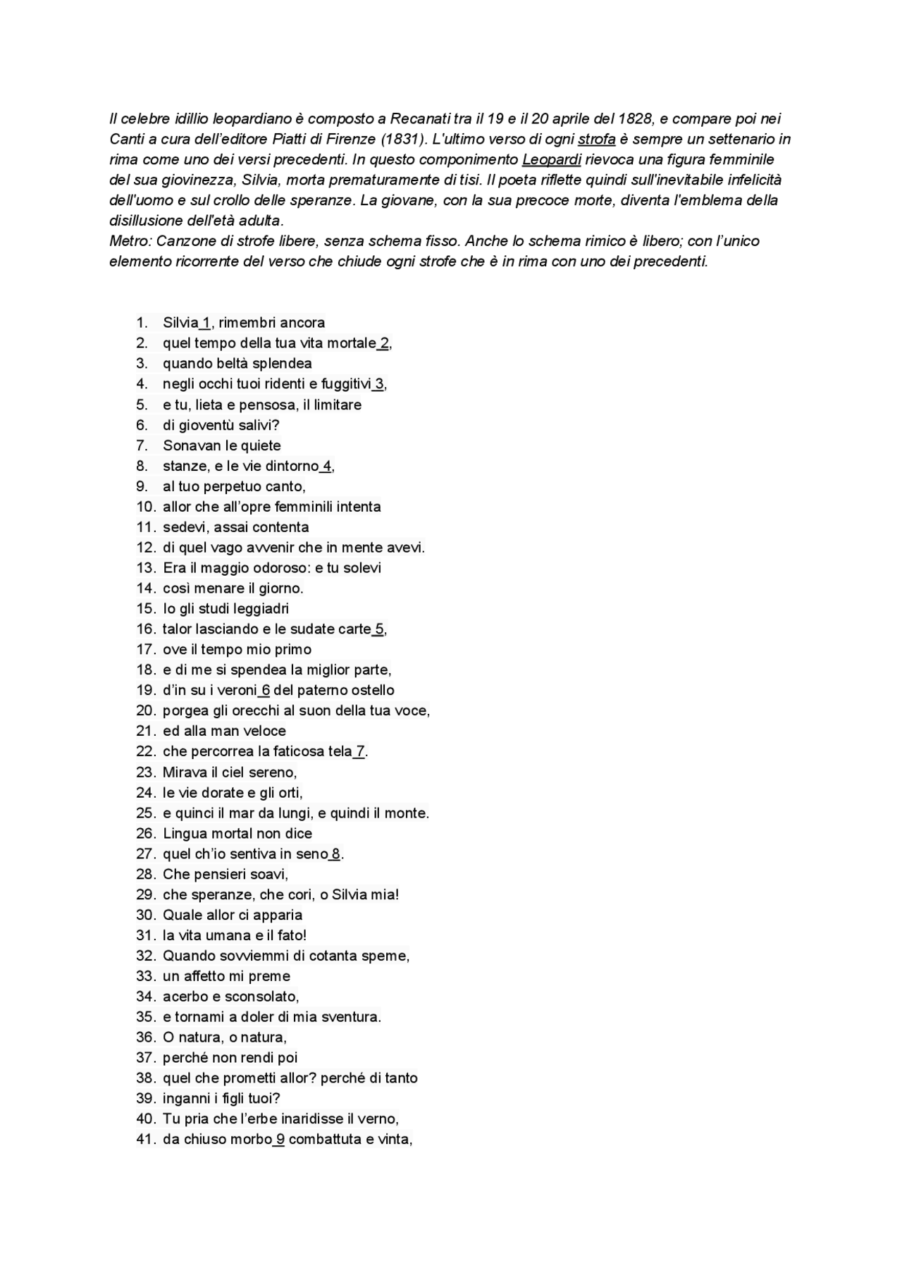 A Silvia - Leopardi - Docsity