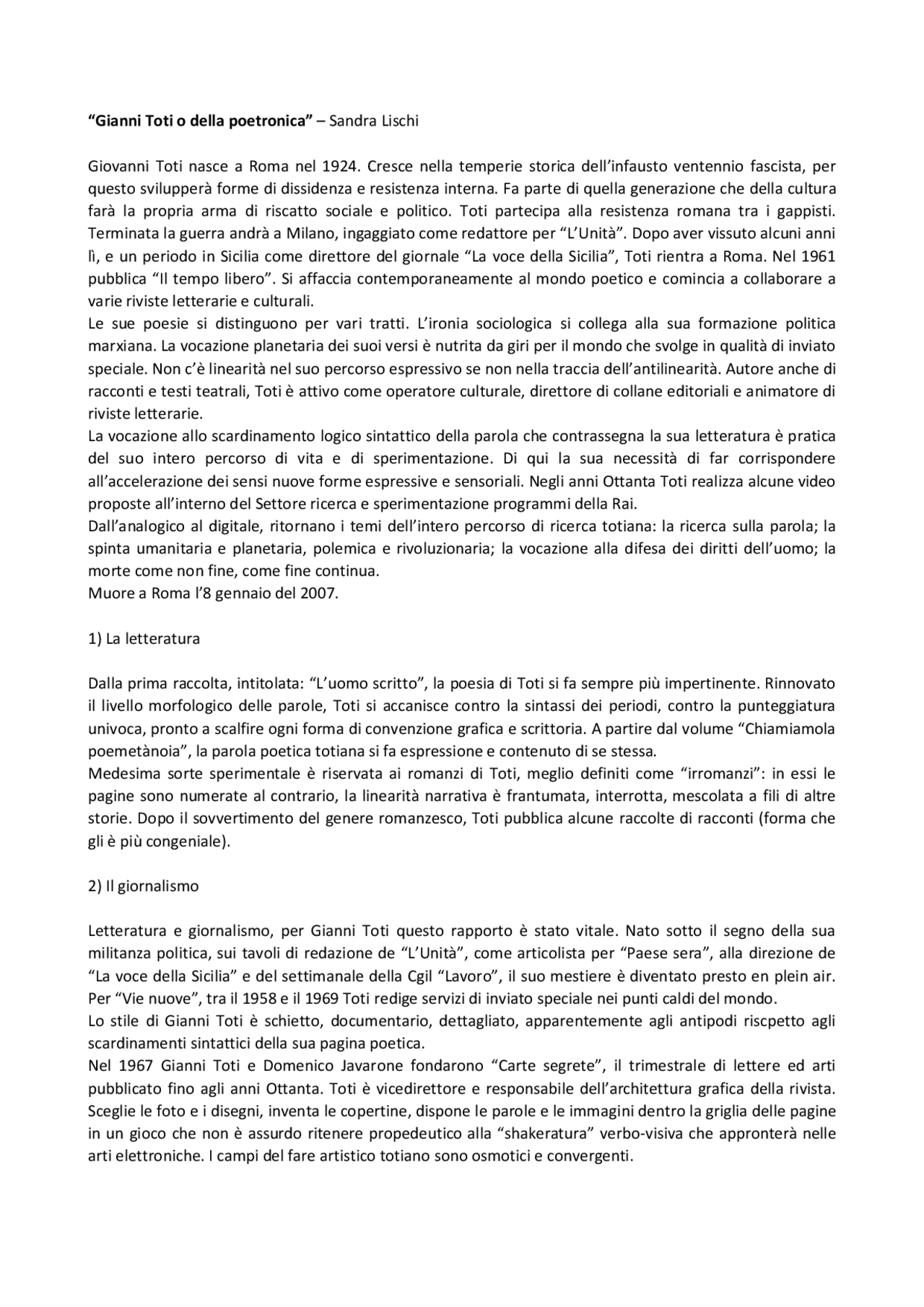 Gianni Toti O Della Poetronica S Lischi Docsity