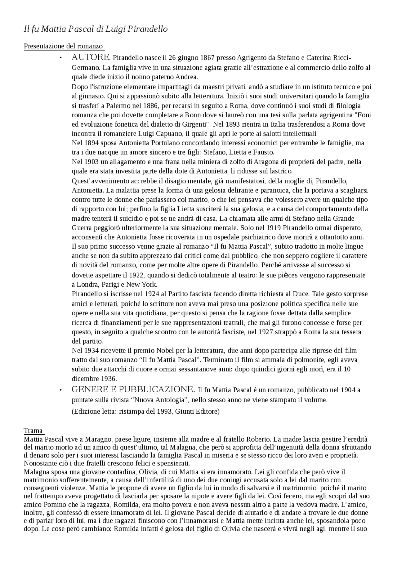 Analisi Completa Del Fu Mattia Pascal Docsity