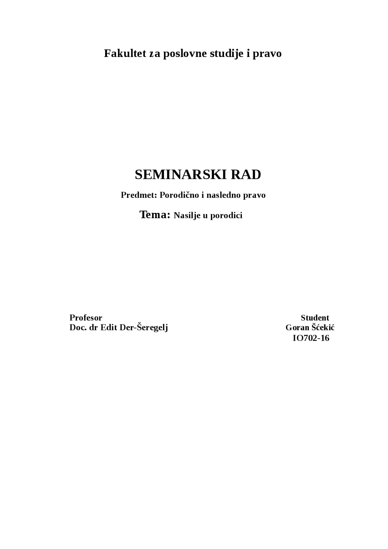 Seminarski rad iz predmeta Porodicno i nasledno pravo | Rezime' predlog Porodično pravo - Docsity