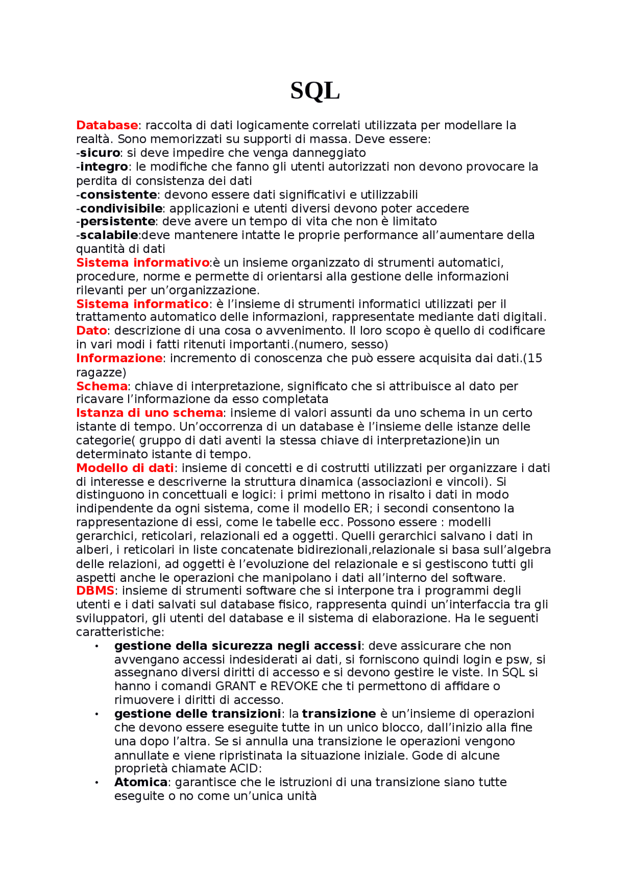 Tutta teoria su Database e SQL + comandi | Appunti di Informatica | Docsity
