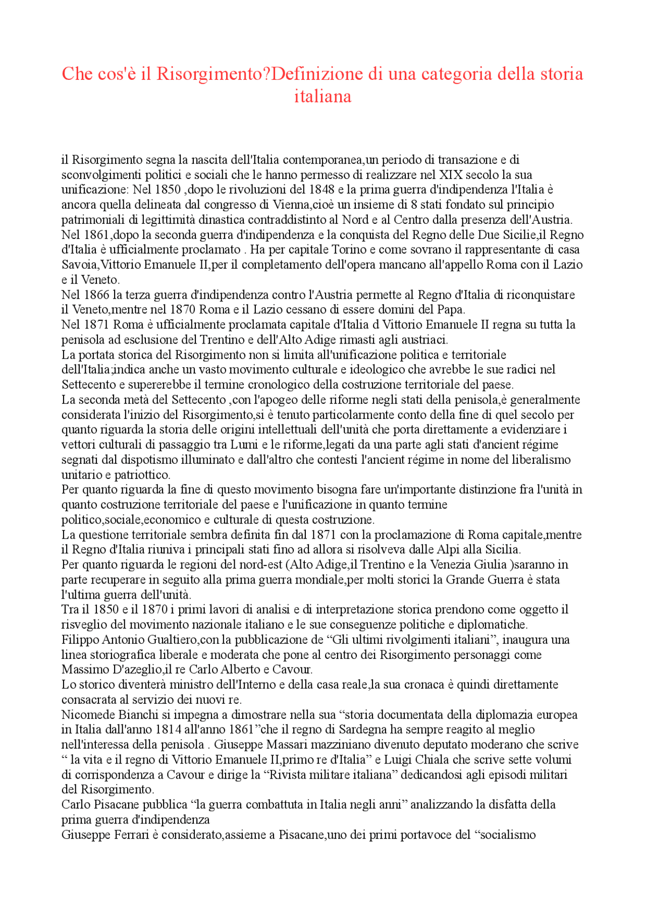 Che cos'è il Risorgimento?Definizione di una categoria della storia italiana - Docsity
