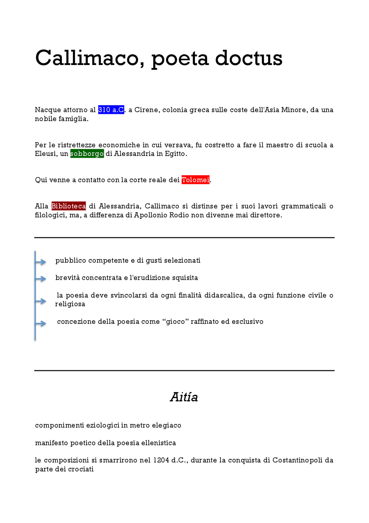 Callimaco: introduzione alla vita e allo stile del poeta doctus - Docsity