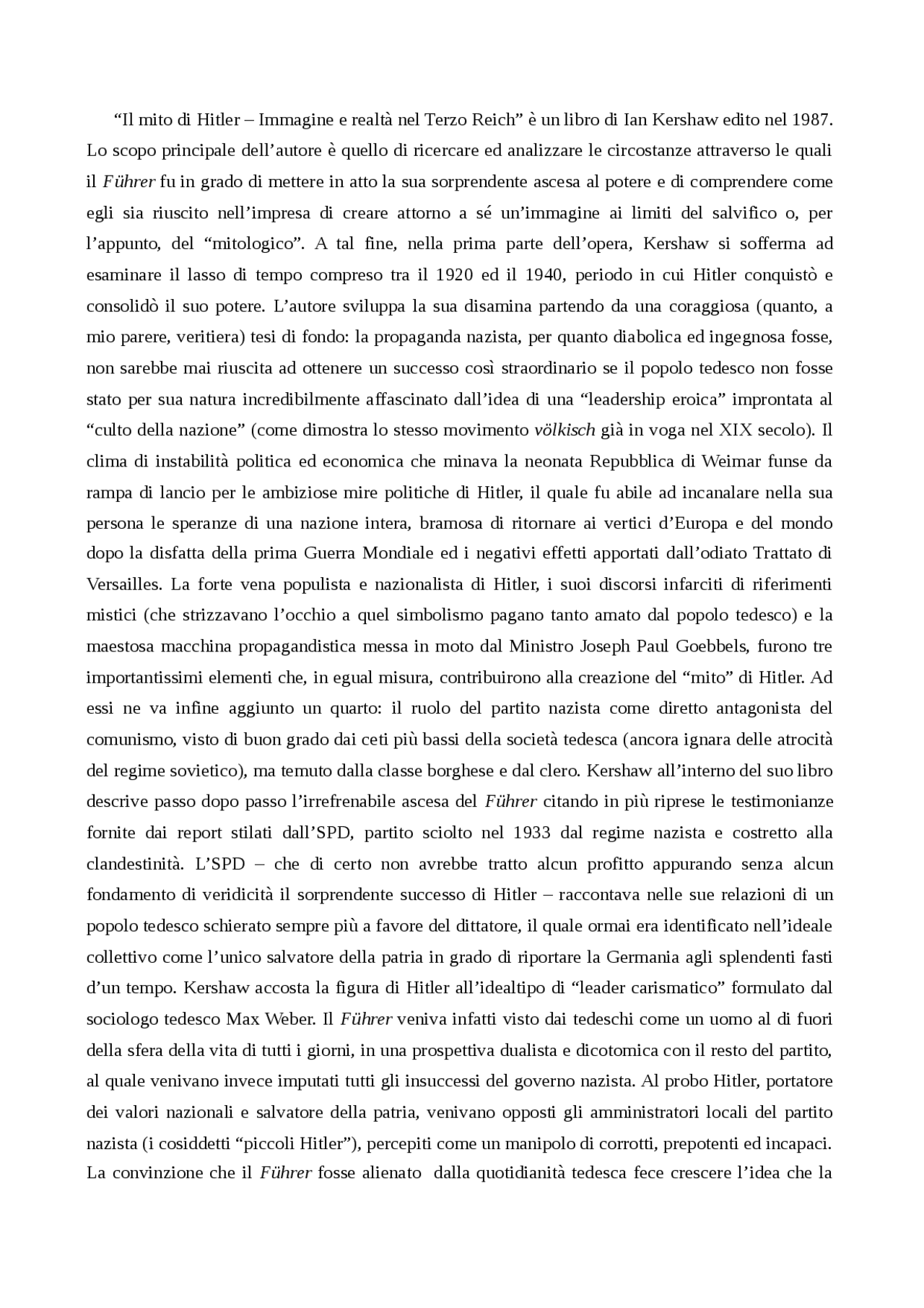 Commento Al Libro Il Mito Di Hitler Di Ian Kershaw Docsity