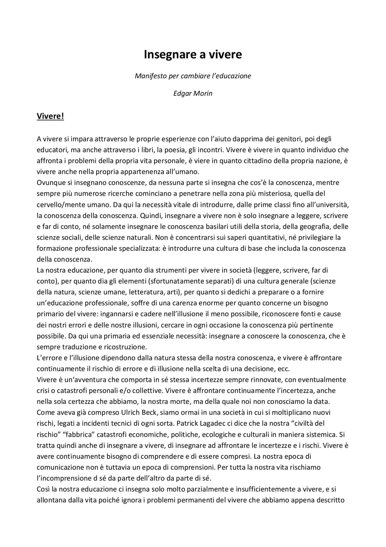 Insegnare A Vivere Edgar Morin Docsity