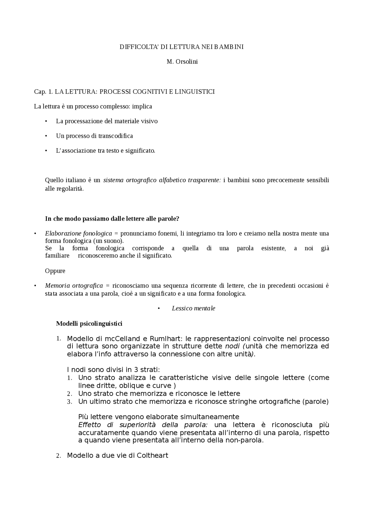 Difficolta Di Lettura Nei Bambini M Orsolini Docsity