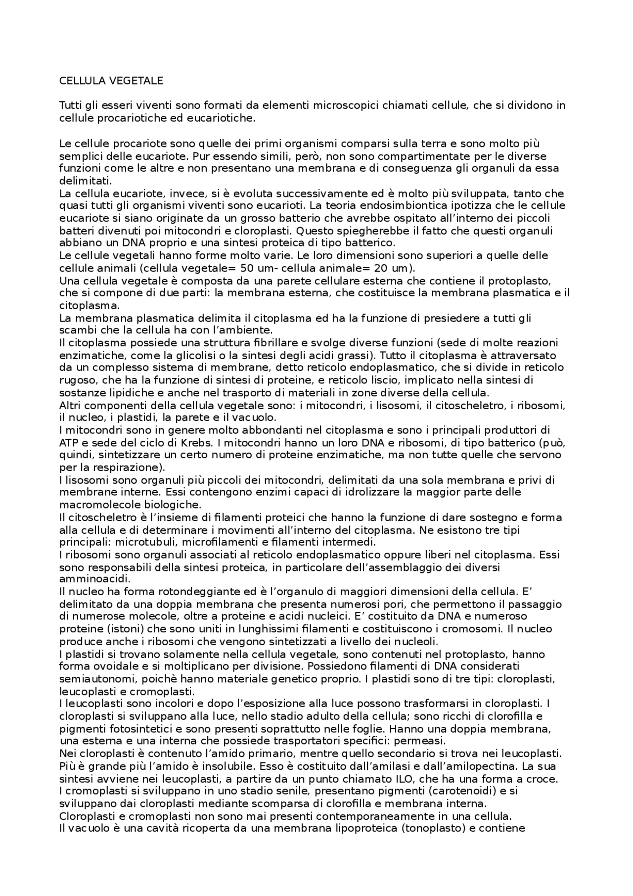 Cellula Vegetale Con Caratteristiche Docsity