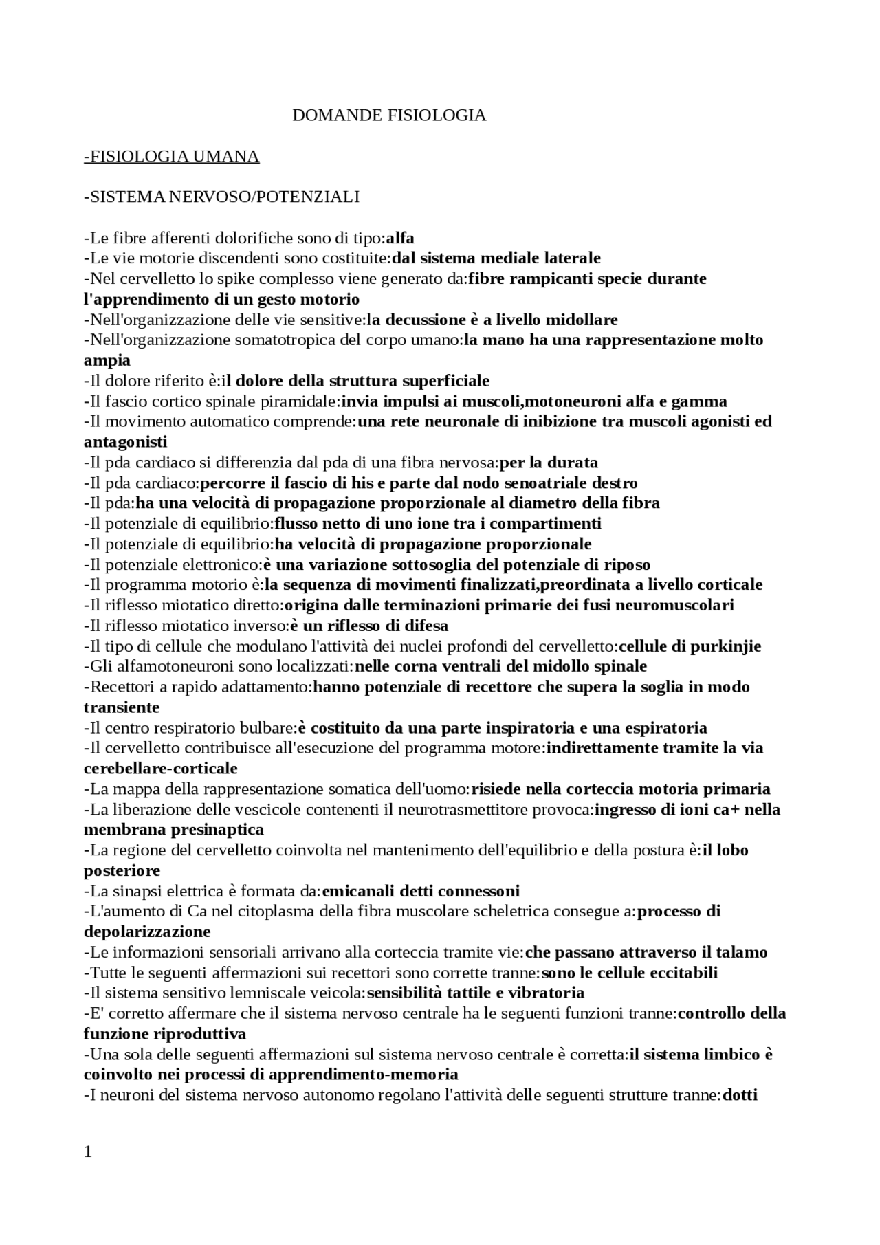 Domande Esame Fisiologia Umana Docsity