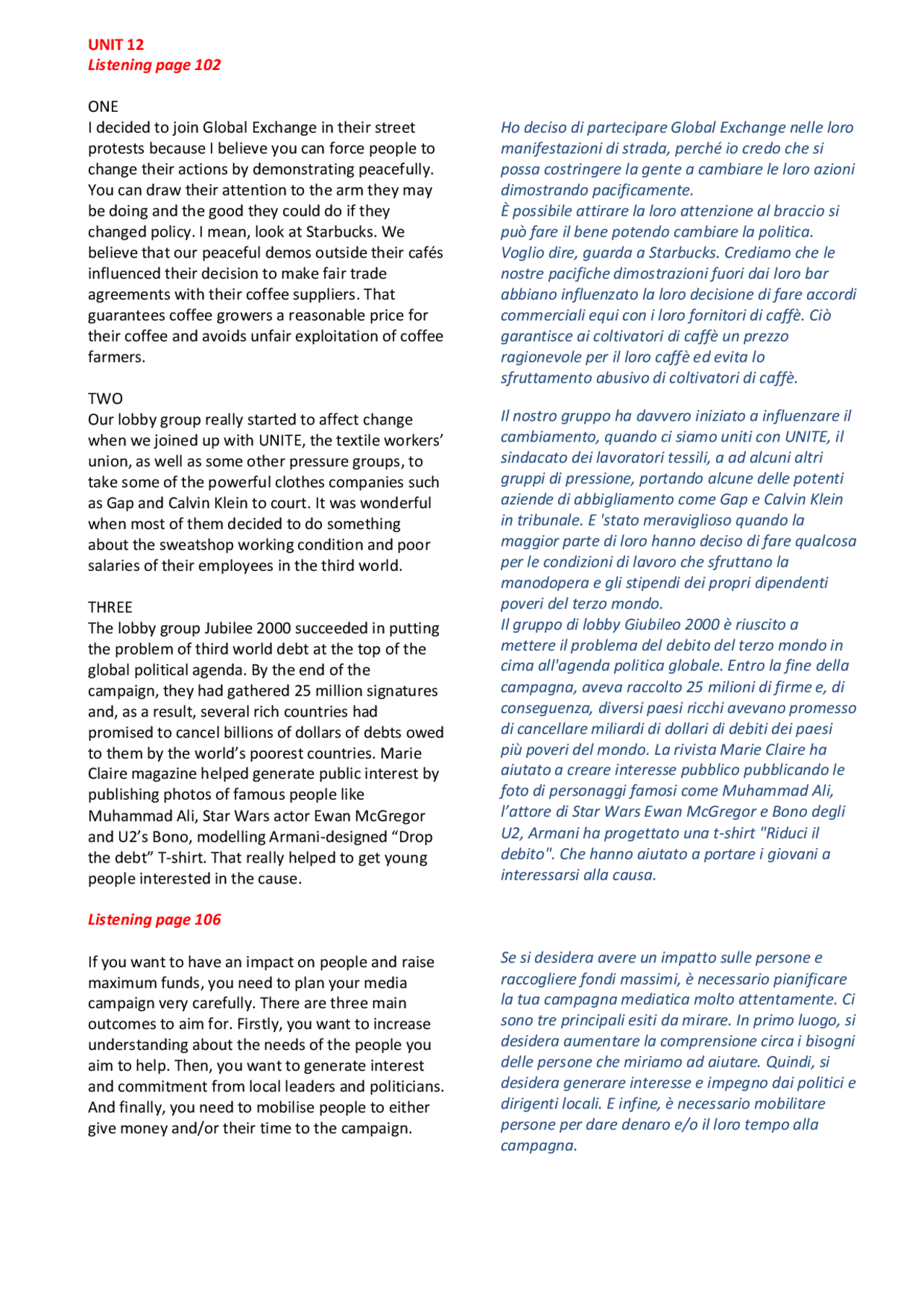 UNITA' 12 - BRANI TRASCRITTI E TRADOTTI PRESENTI NEL CD - Docsity