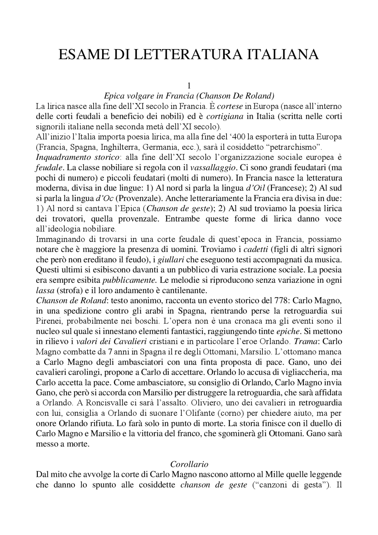 Esame di letteratura italiana - Docsity
