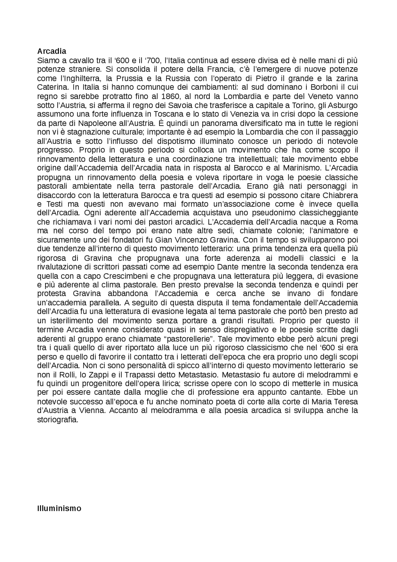 Arcadia - Goldoni - Parini - Alfieri - Docsity