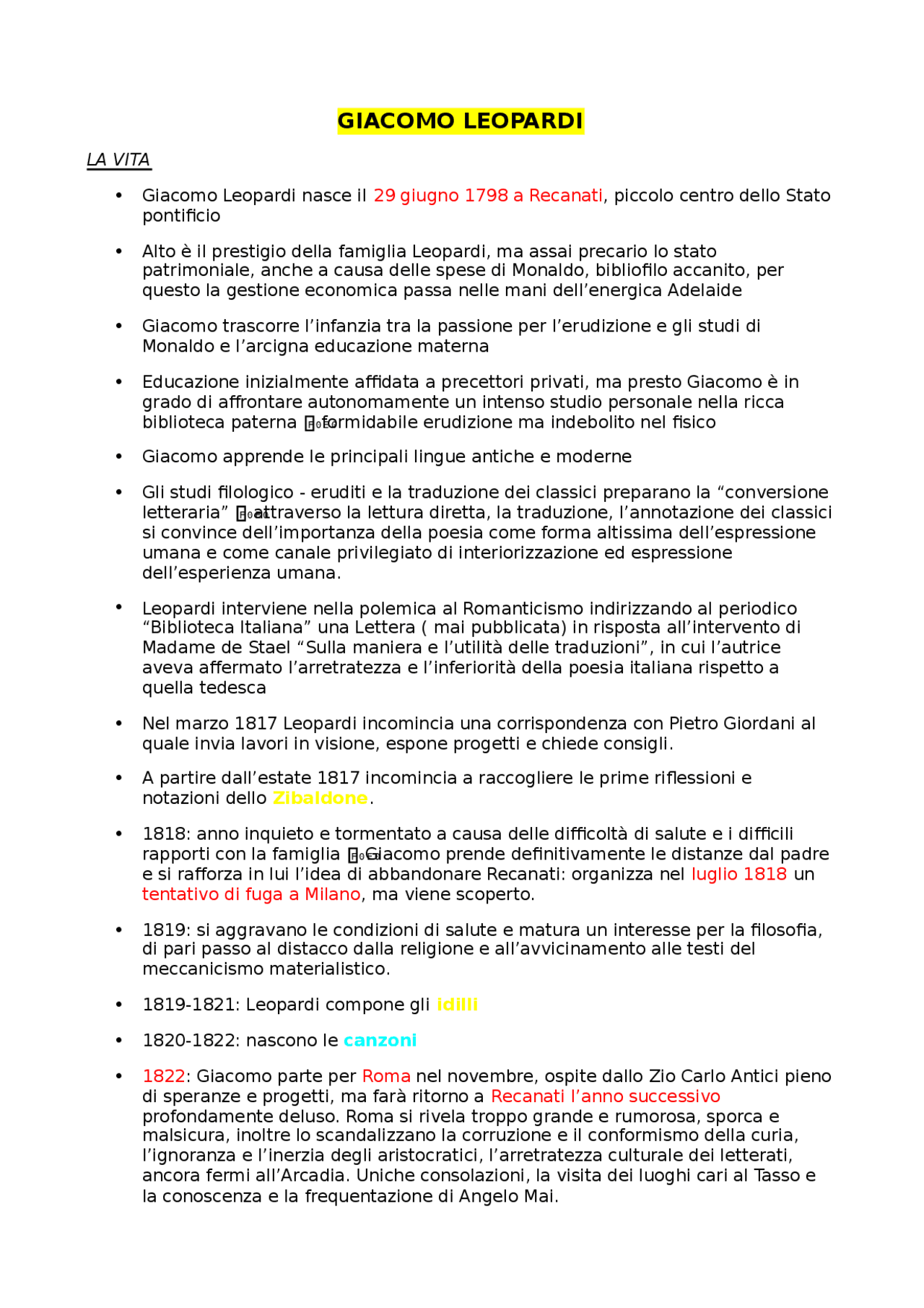 Riassunto Giacomo Leopardi Docsity