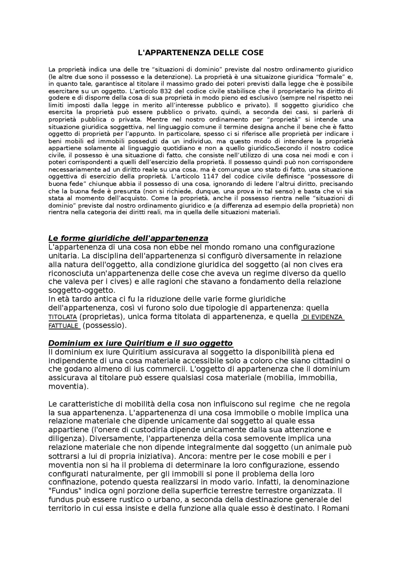 Lappartenenza Delle Cose Diritto Romano Docsity