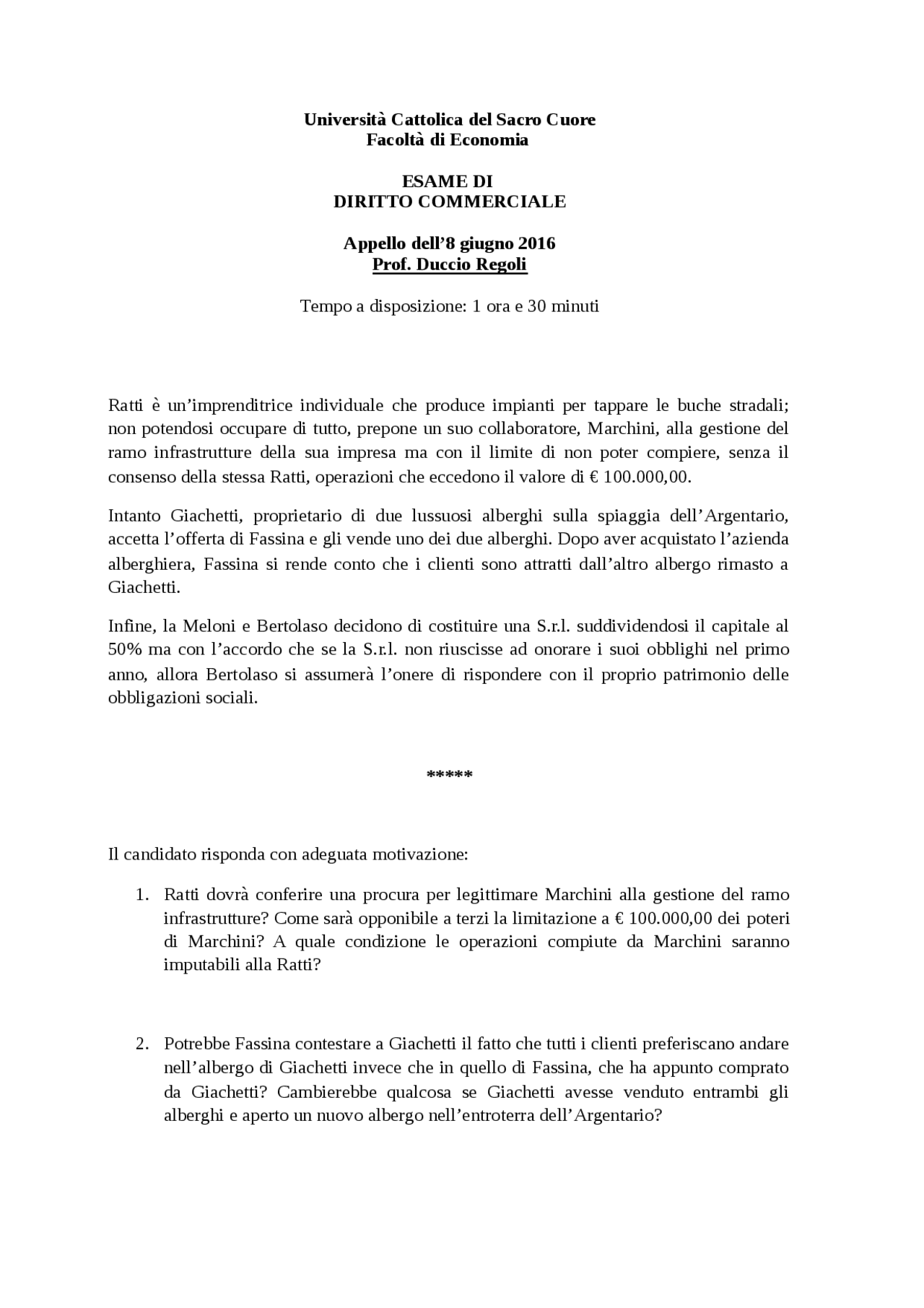 Tema Desame Diritto Commerciale Duccio Regoli Docsity