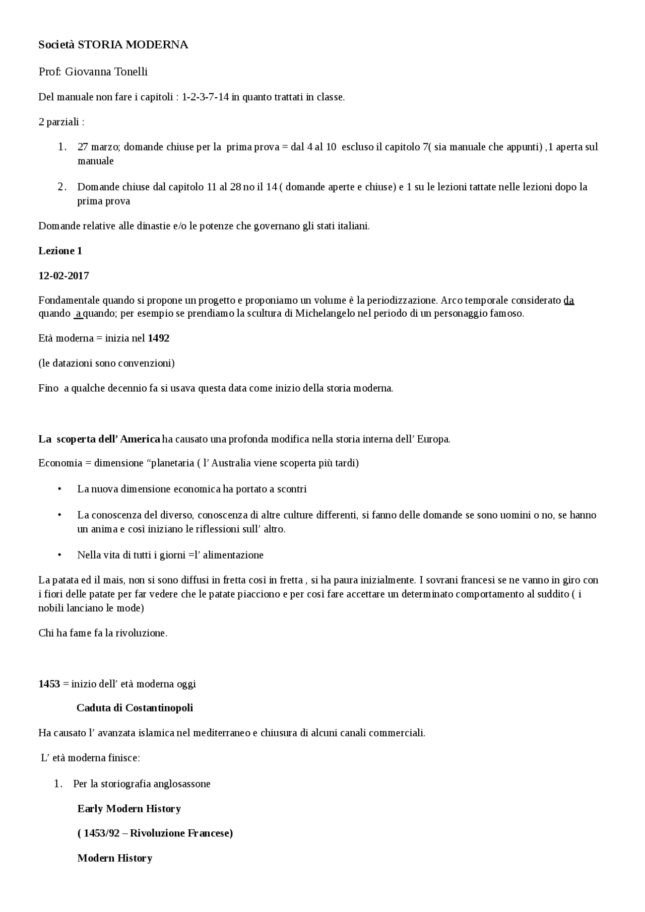 Storia Moderna Appunti Corso Frequentanti Prof Tonelli Docsity