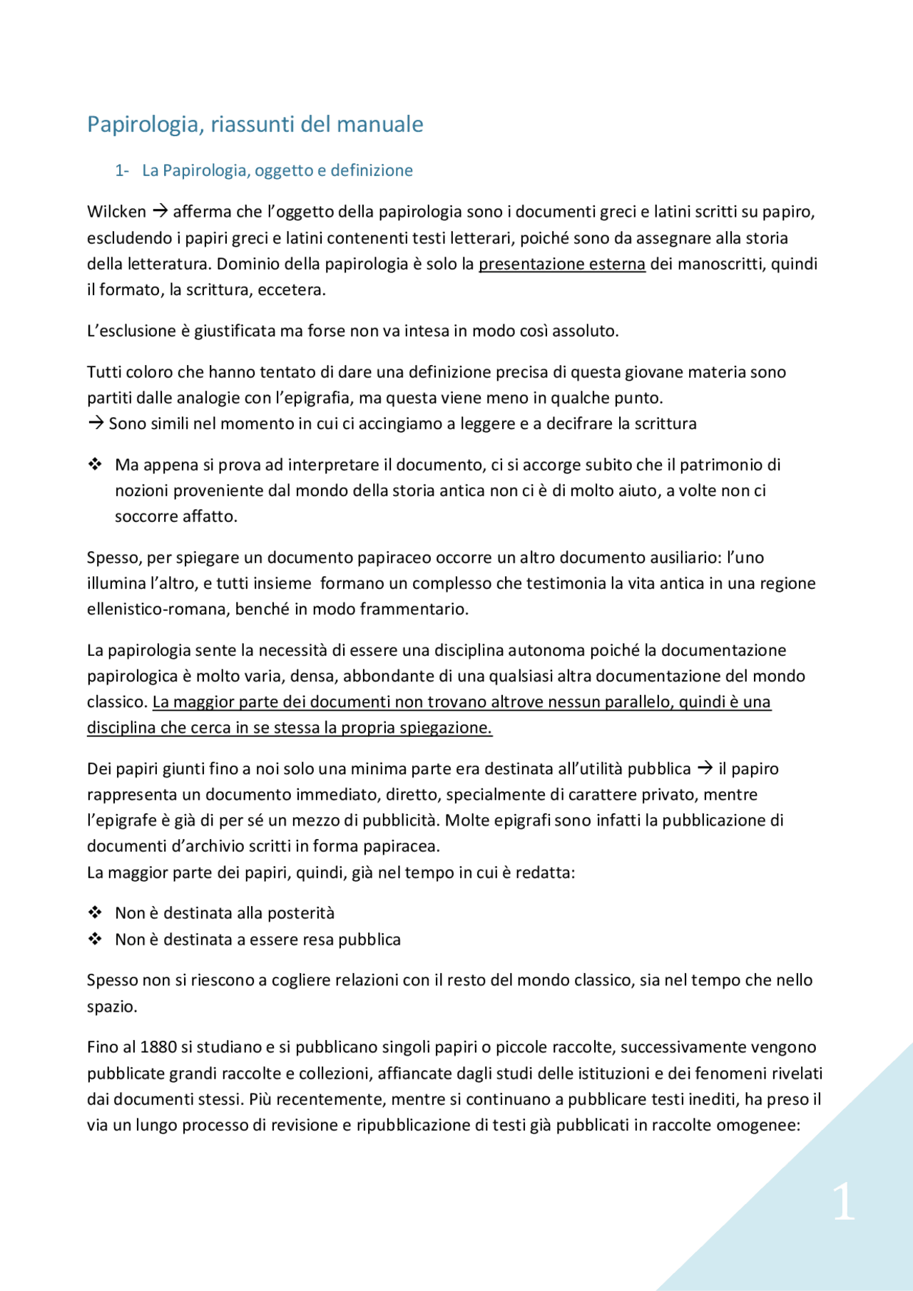 Sintesi Dellopera La Papirologia Di Orsolina Montevecchi Docsity