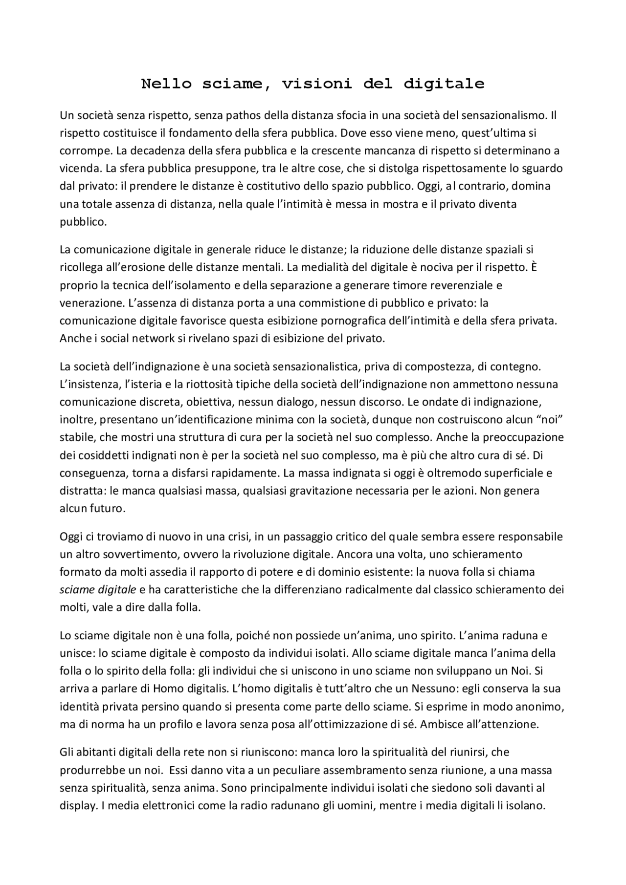 Sintesi Nello Sciame Visioni Del Digitale Di Byung Chul Han Docsity