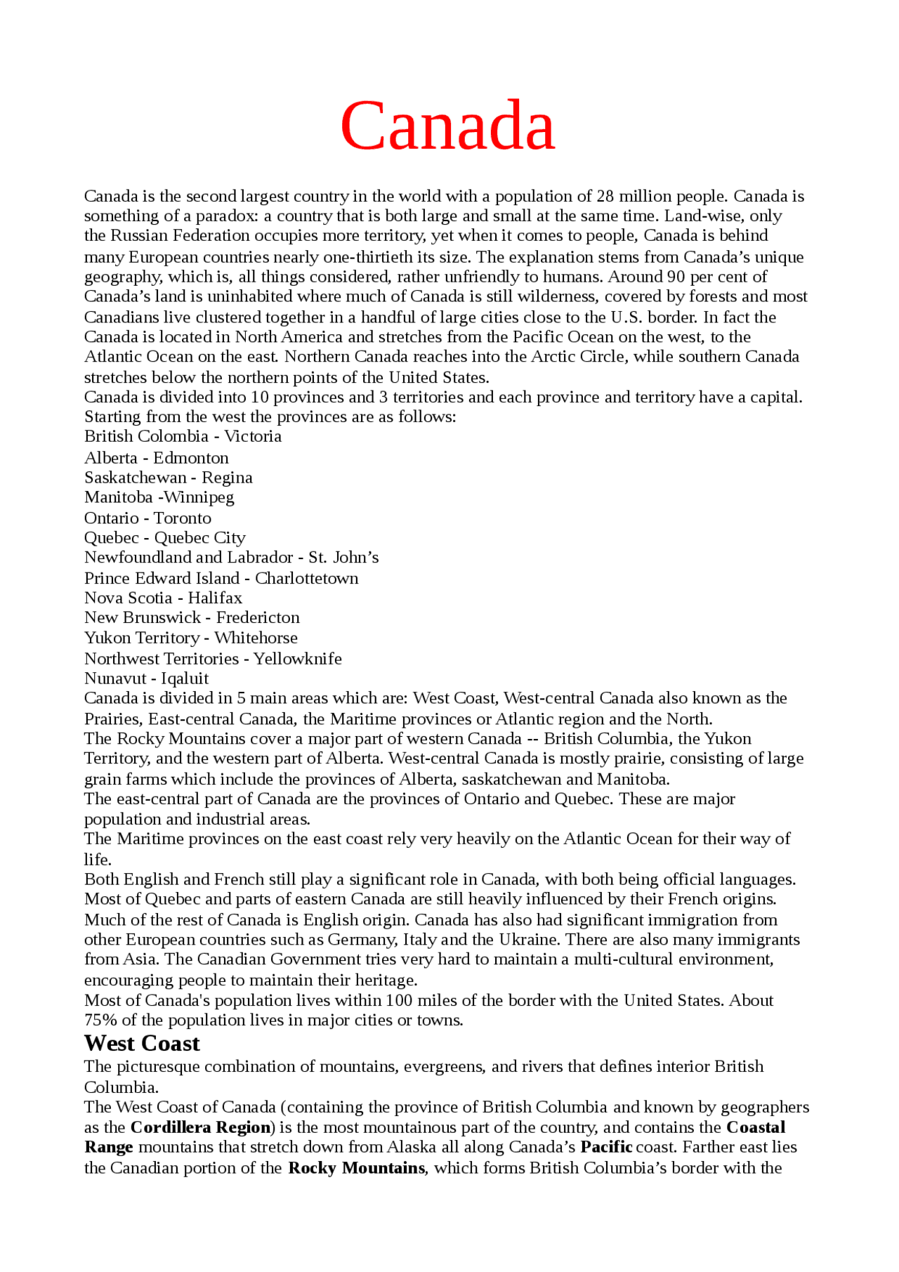 Canada: geography and economy - Docsity