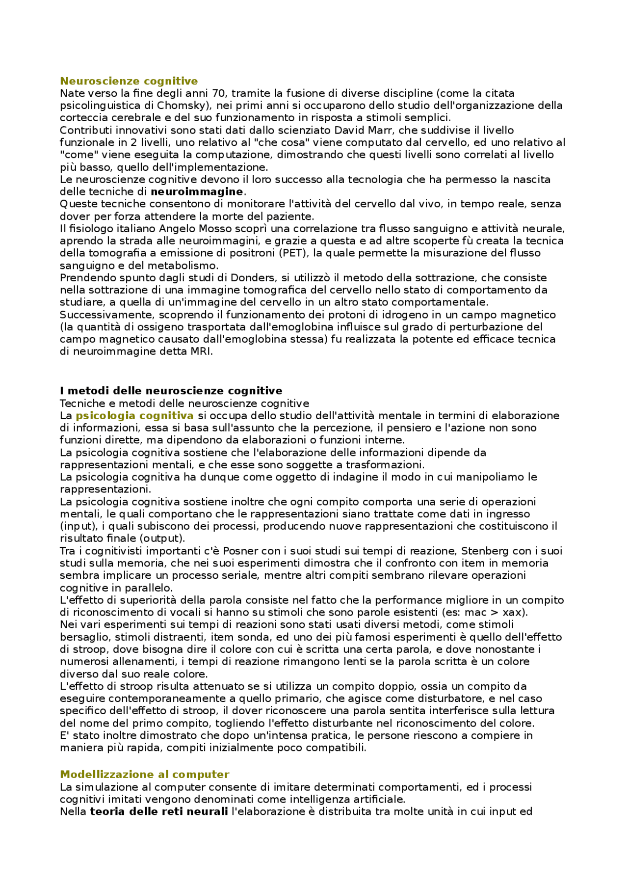 Neuroscienze Cognitive Docsity