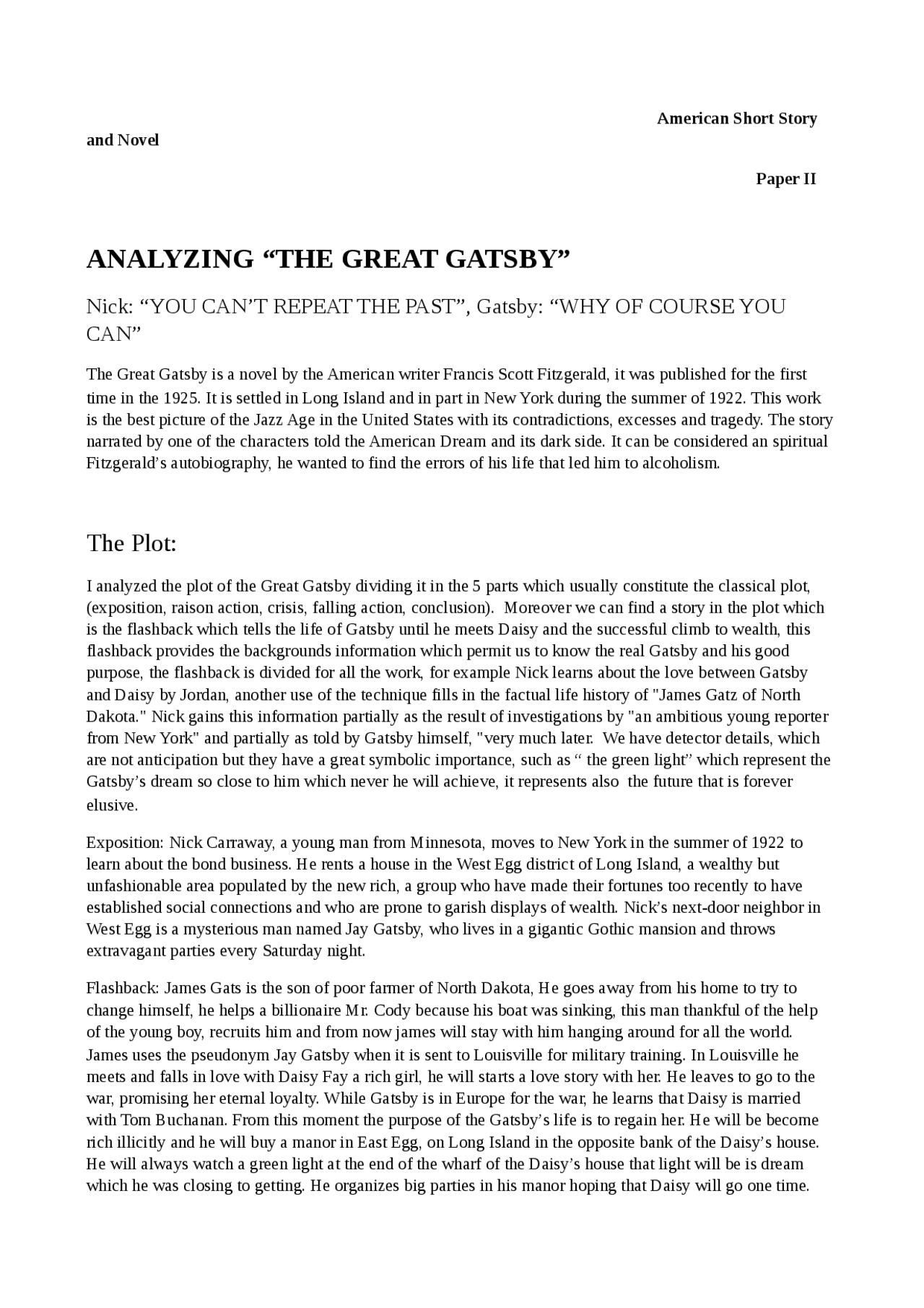 Il Grande Gatsby Plot Characters And Themes Docsity