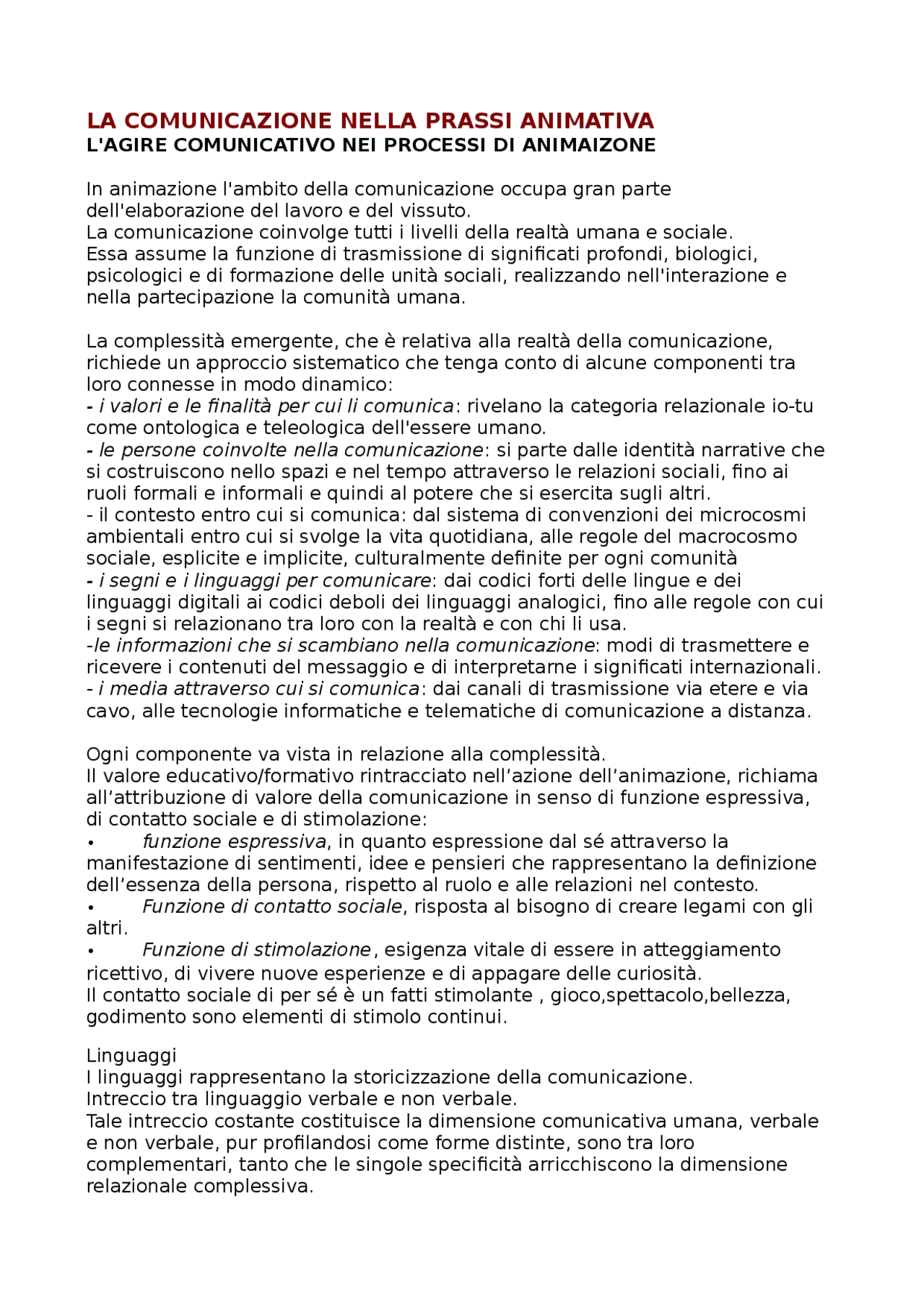Riassunto La Comunicazione Nella Prassi Animativa Docsity