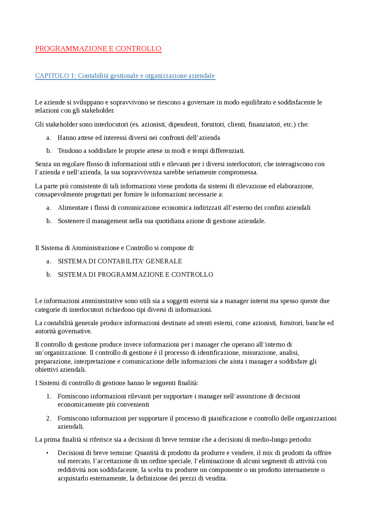 Riassunto Programmazione E Controllo Docsity