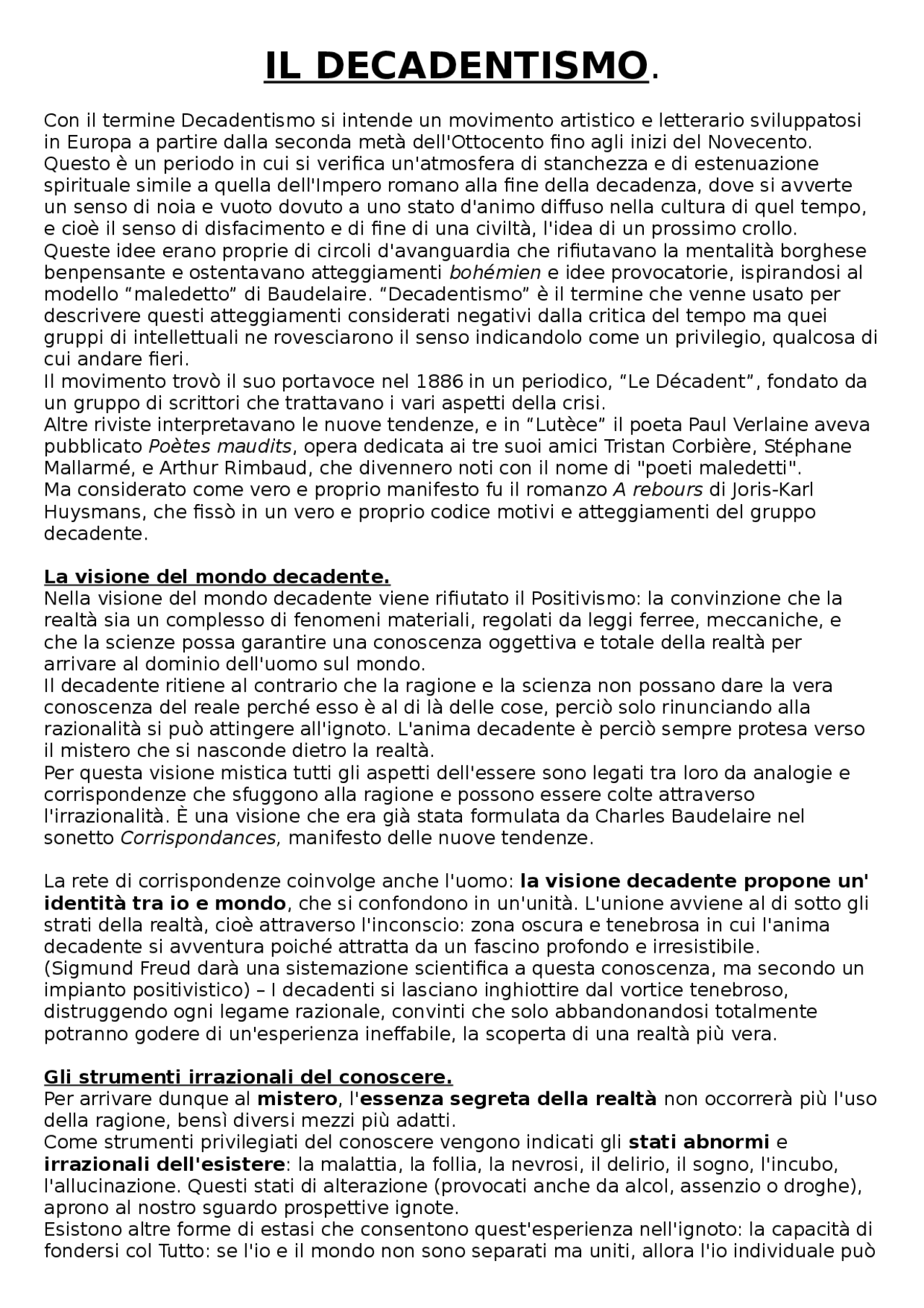 Letteratura Italiana Il Decadentismo Sintesi Del Corso Di Italiano