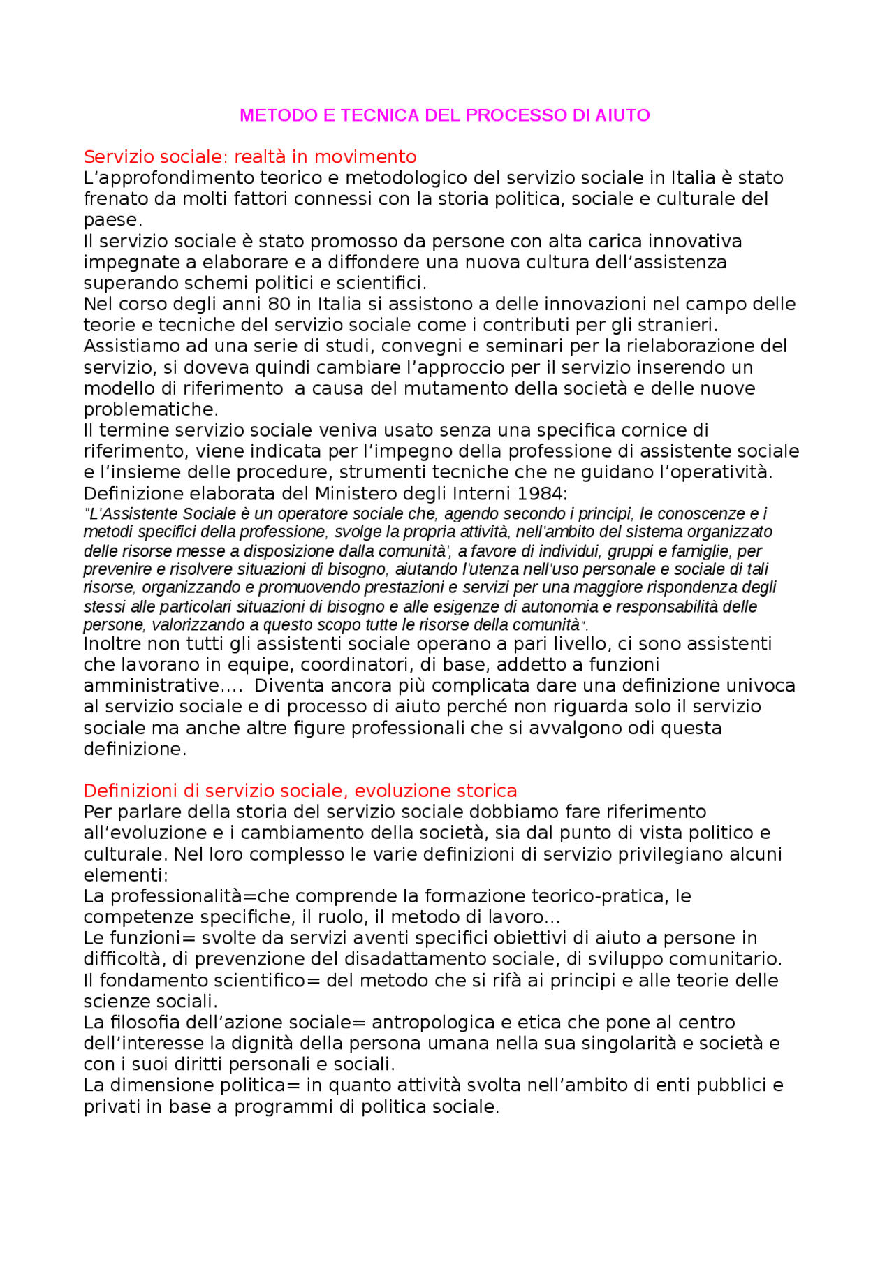 Metodo E Tecnica Del Processo Di Aiuto Docsity