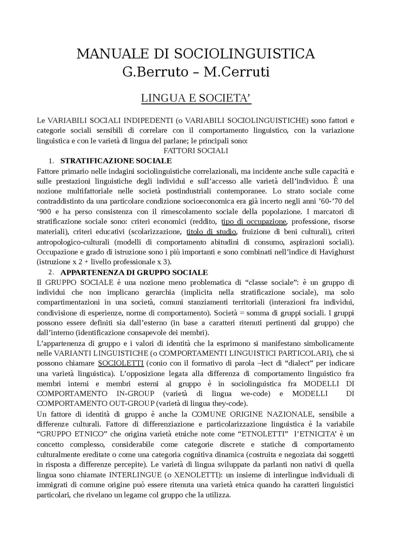 Sintesi Manuale Di Sociolinguistica Berruto Cerruti Docsity