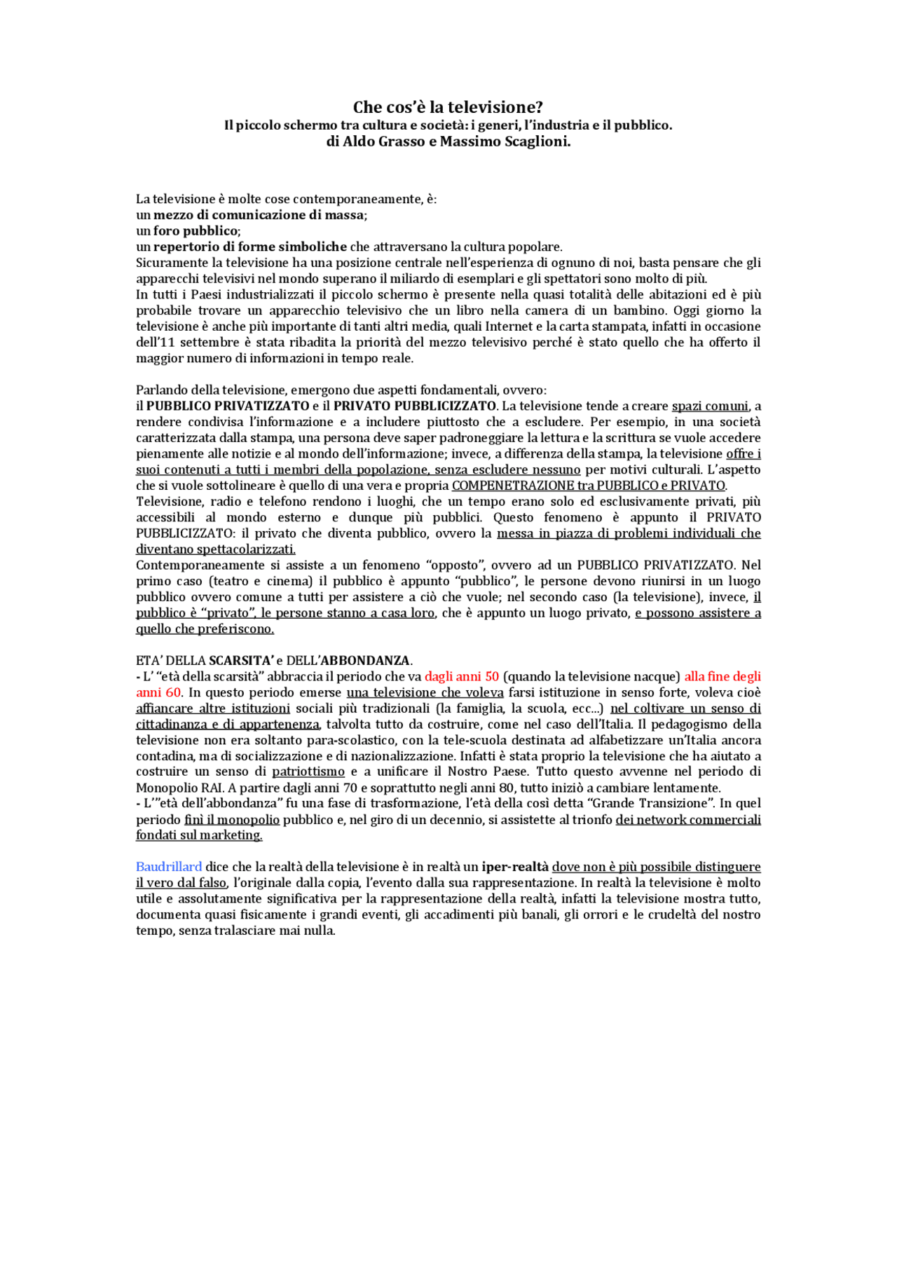 Che Cosè La Televisione A Grasso M Scaglioni Docsity