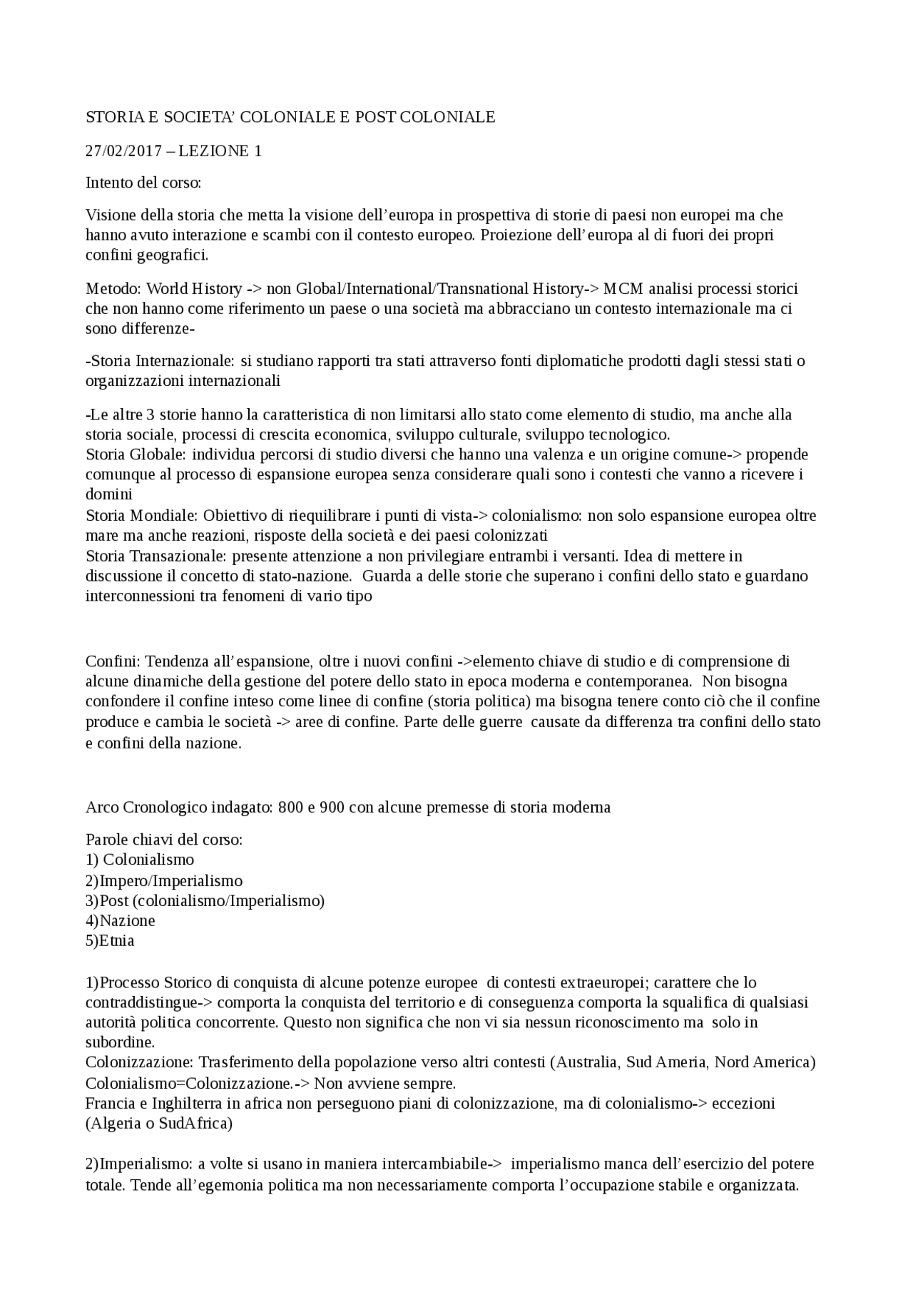 Appunti di Storia e Società Coloniale e Post Coloniale - Docsity