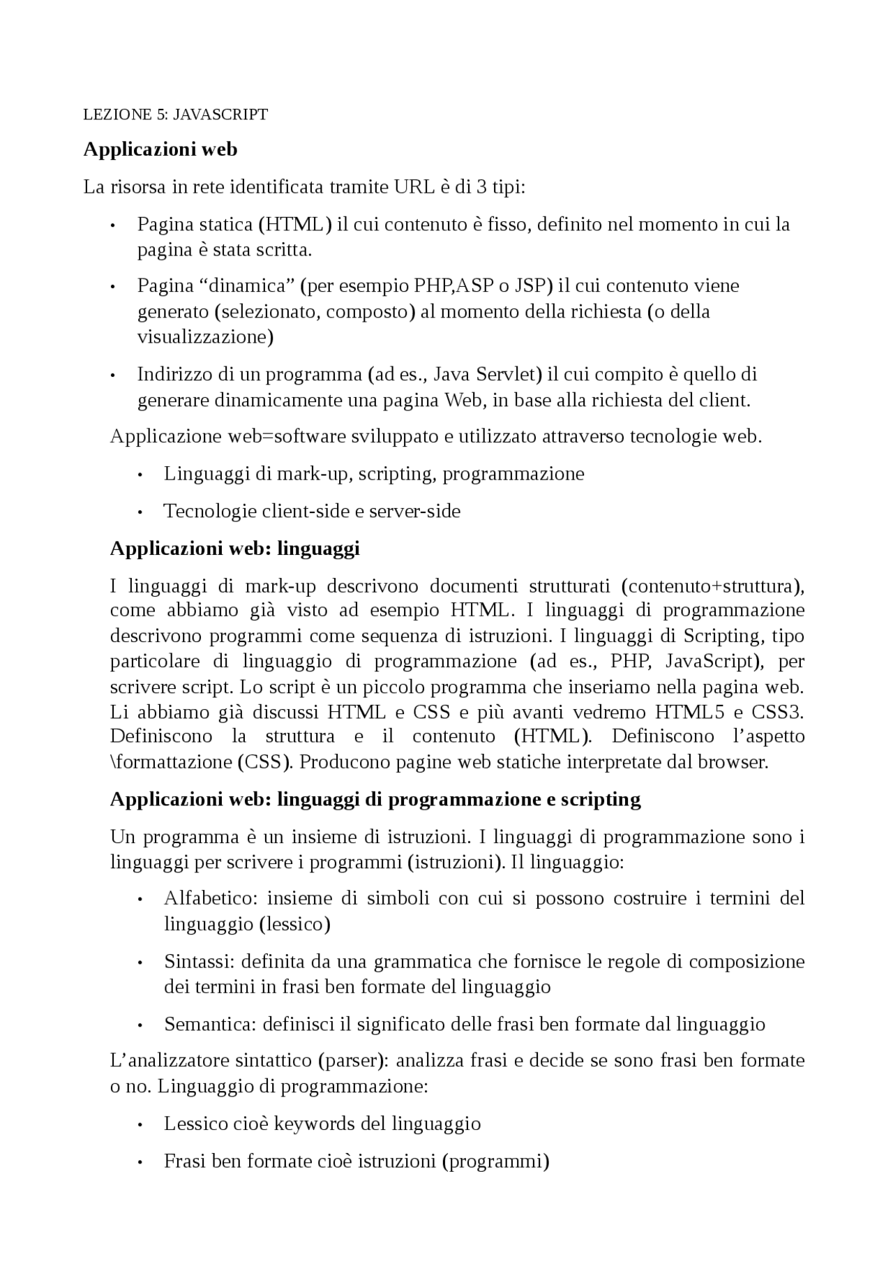 Riassunto Lezione Java Script Docsity