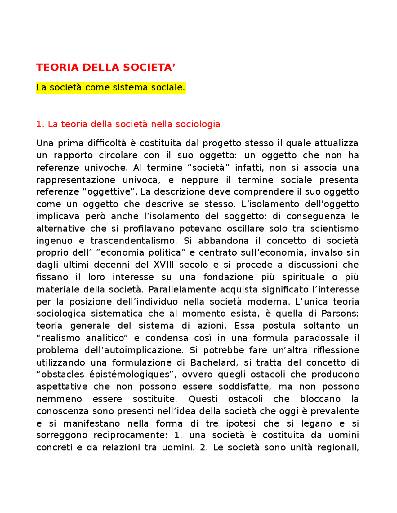 Teoria Della Società Docsity