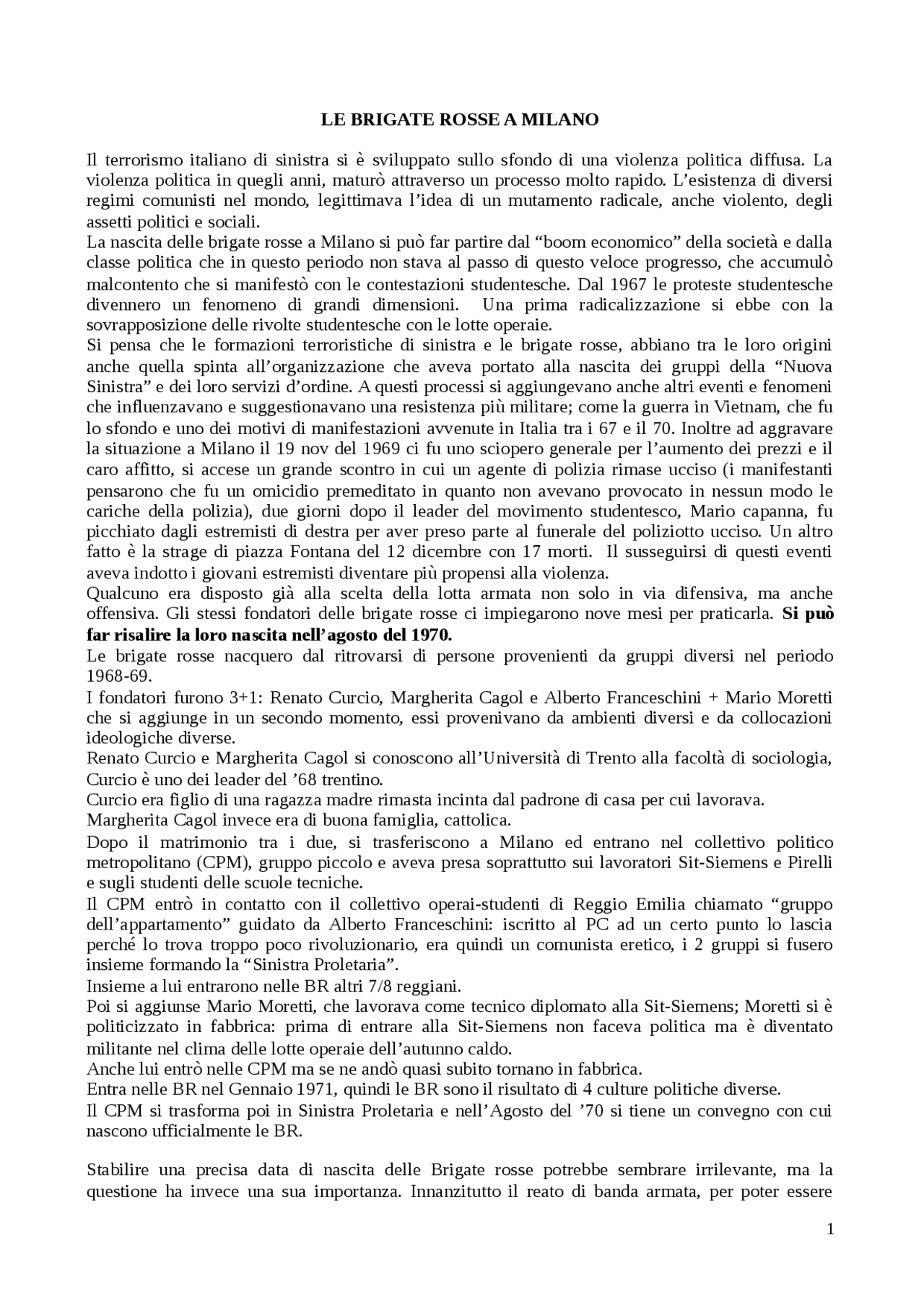 Le Brigate Rosse A Milano Docsity