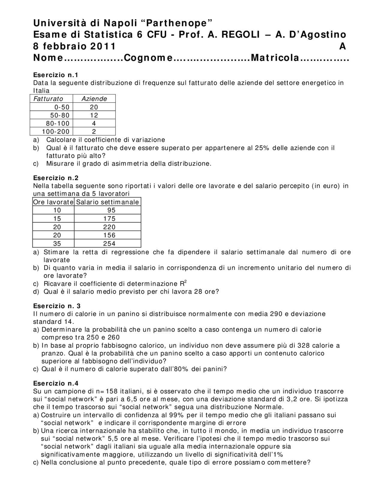 Prova Esame Regoli Parthenope Prove Desame Di Statistica Docsity