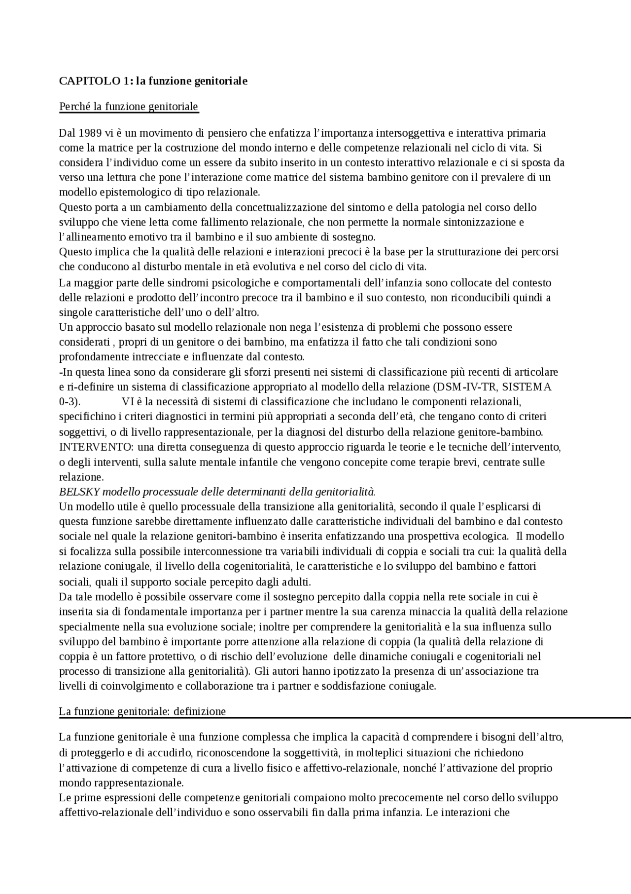Riassunto La Funzione Genitoriale Docsity