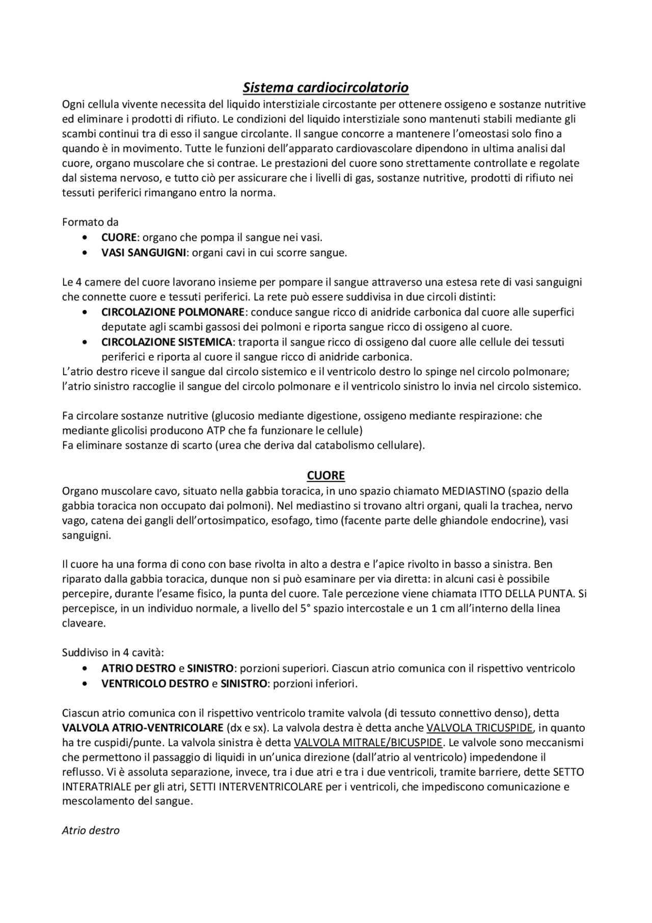 Anatomia Umana Apparato Cardiocircolatorio Docsity