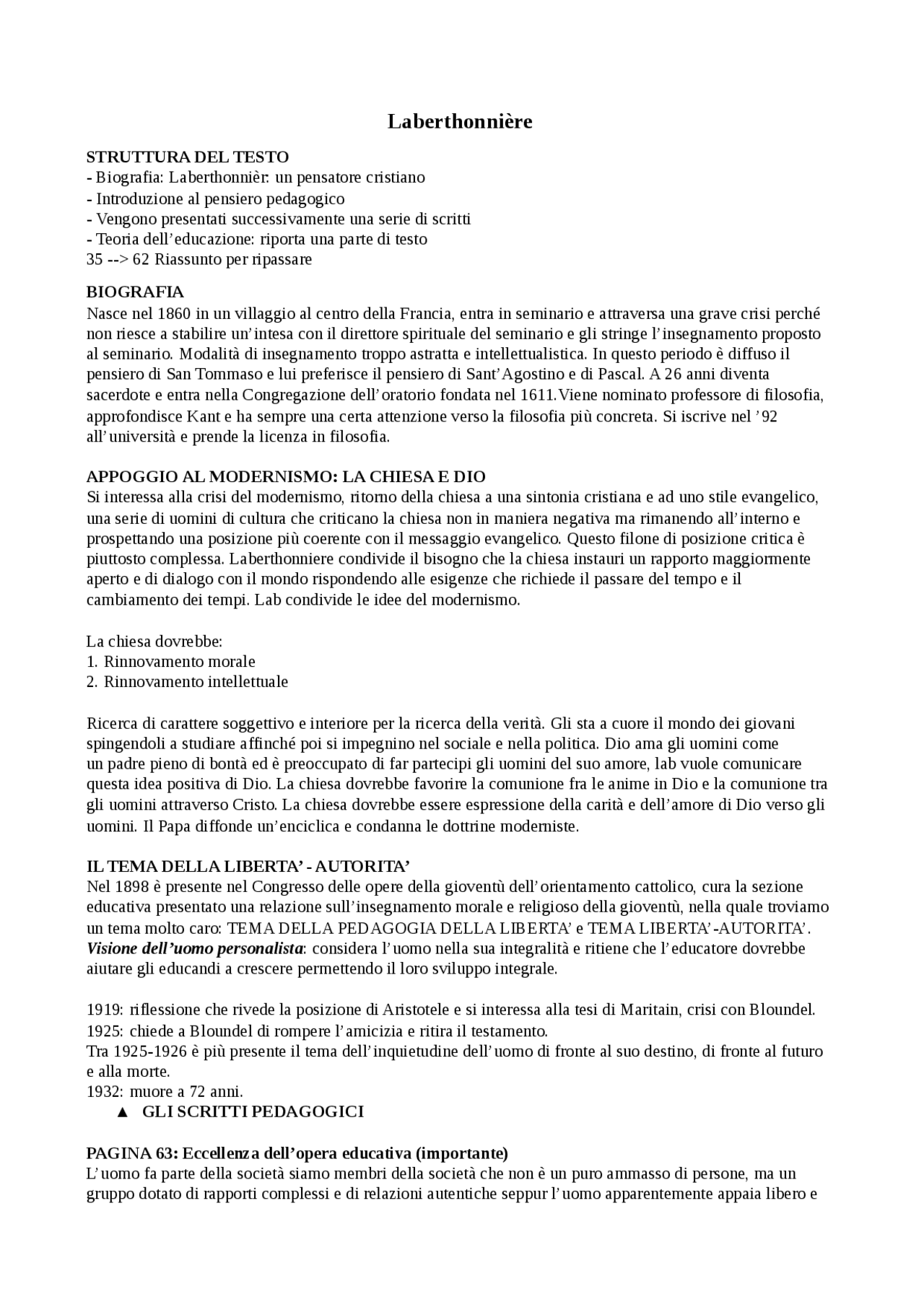 Teoria Delleducazione Laberthonnière Docsity