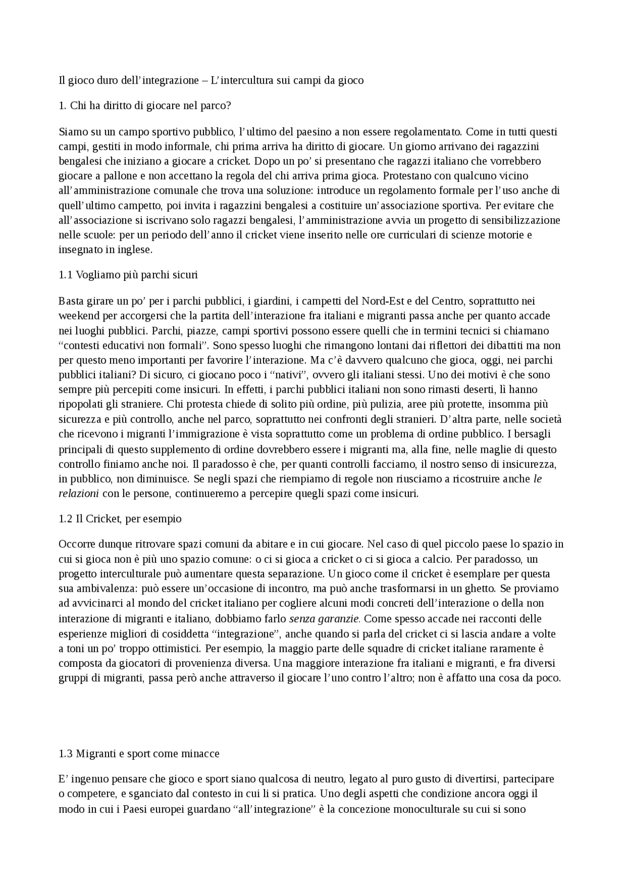 Il Gioco Duro Dellintegrazione Docsity
