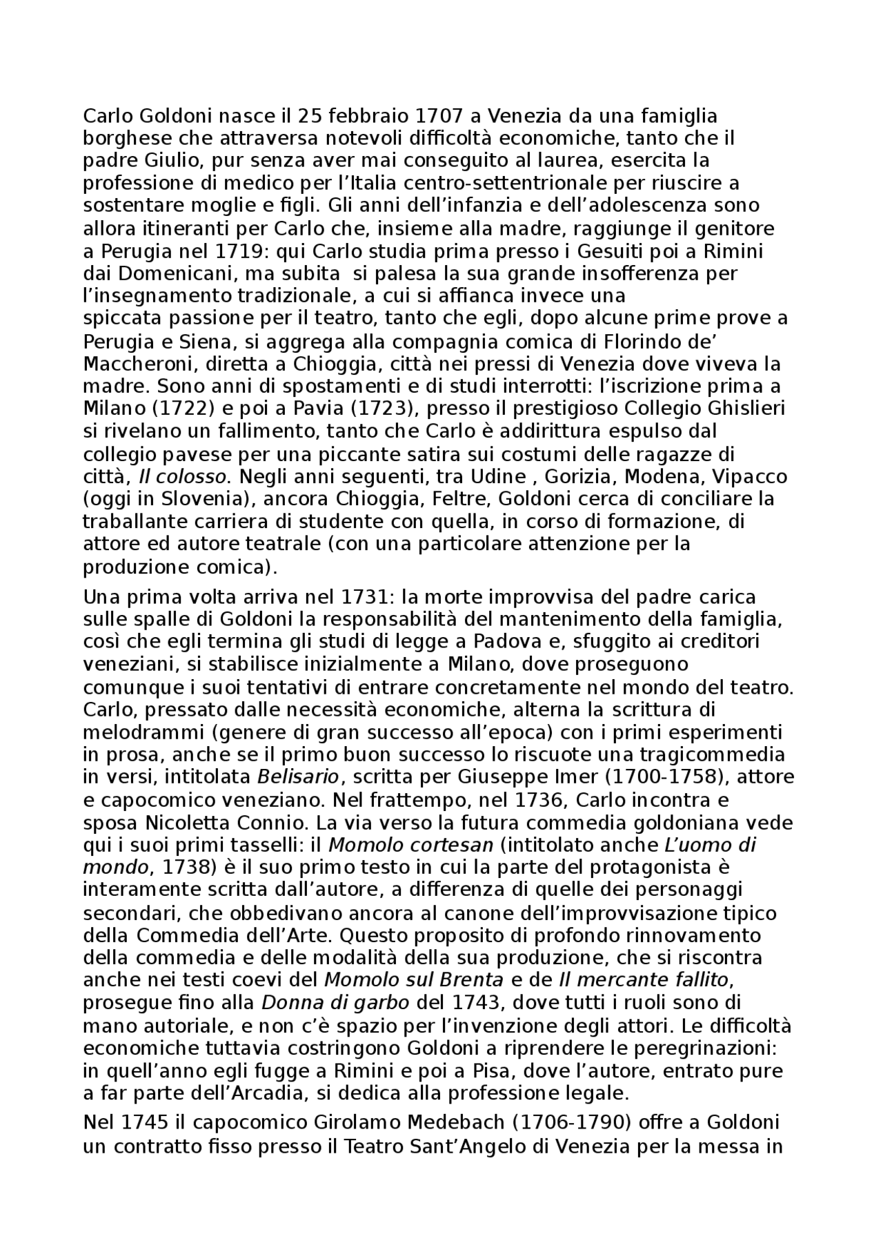Carlo Goldoni Vita E Opere Docsity