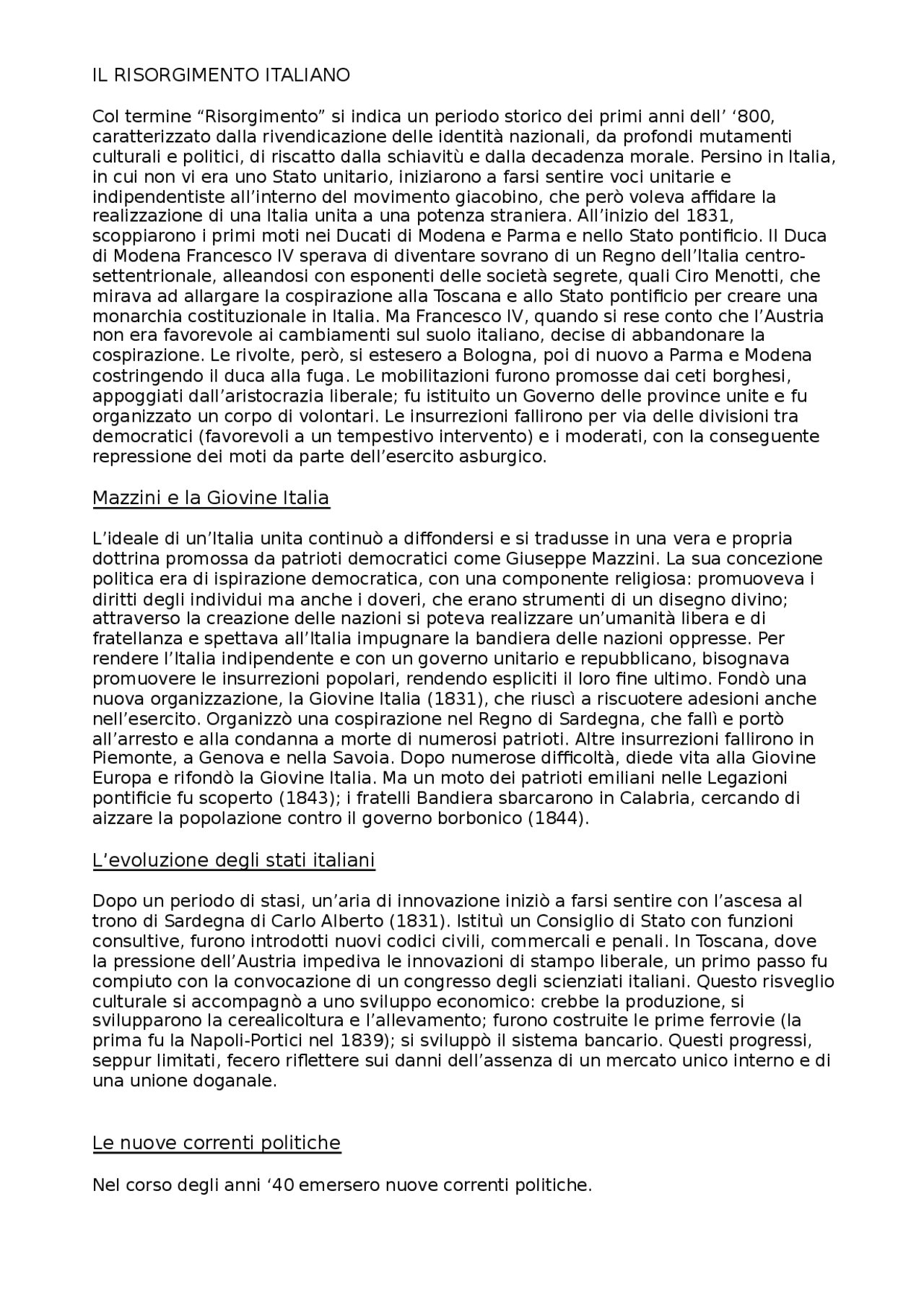 Il Risorgimento italiano - Docsity