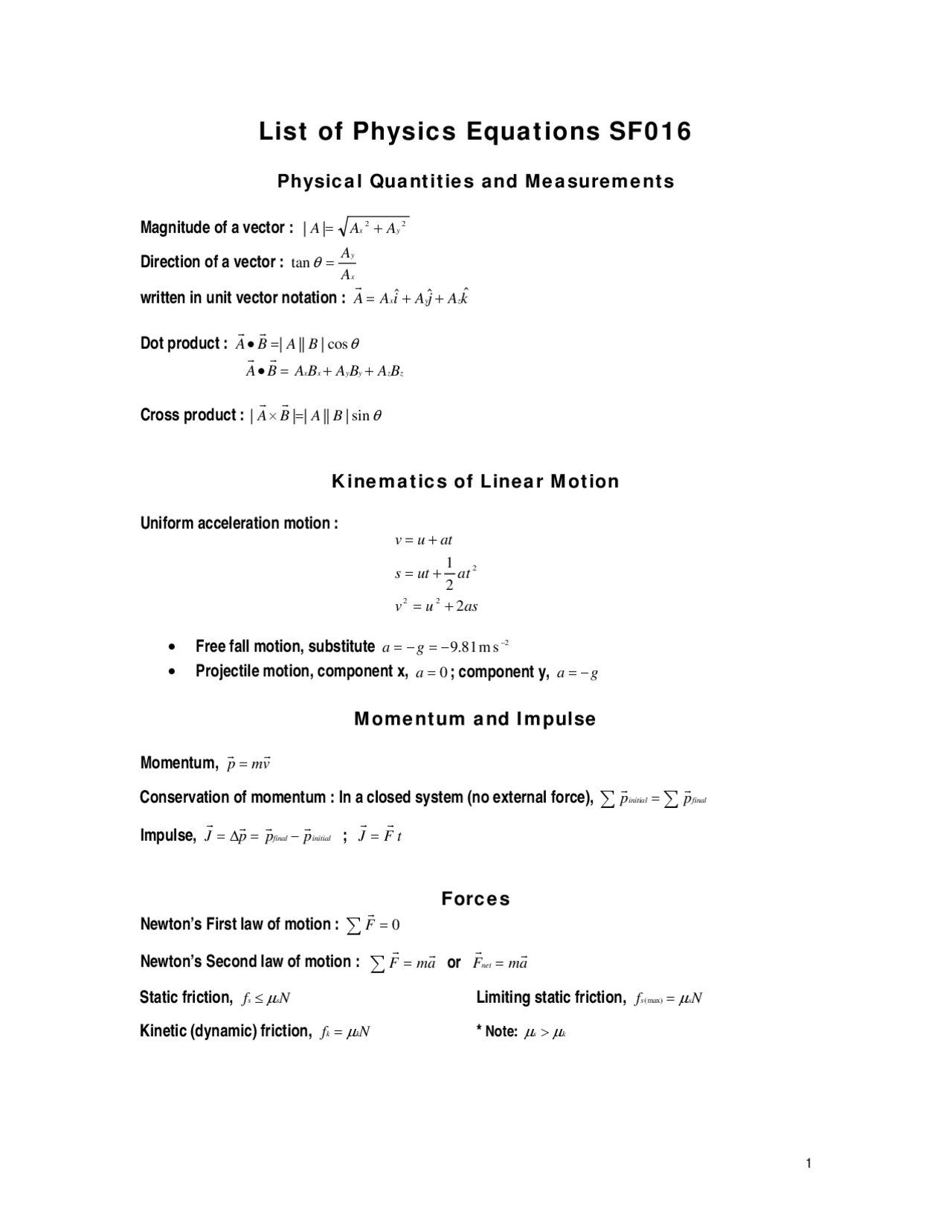 LIST OF PHYSICS EQUATION - Docsity