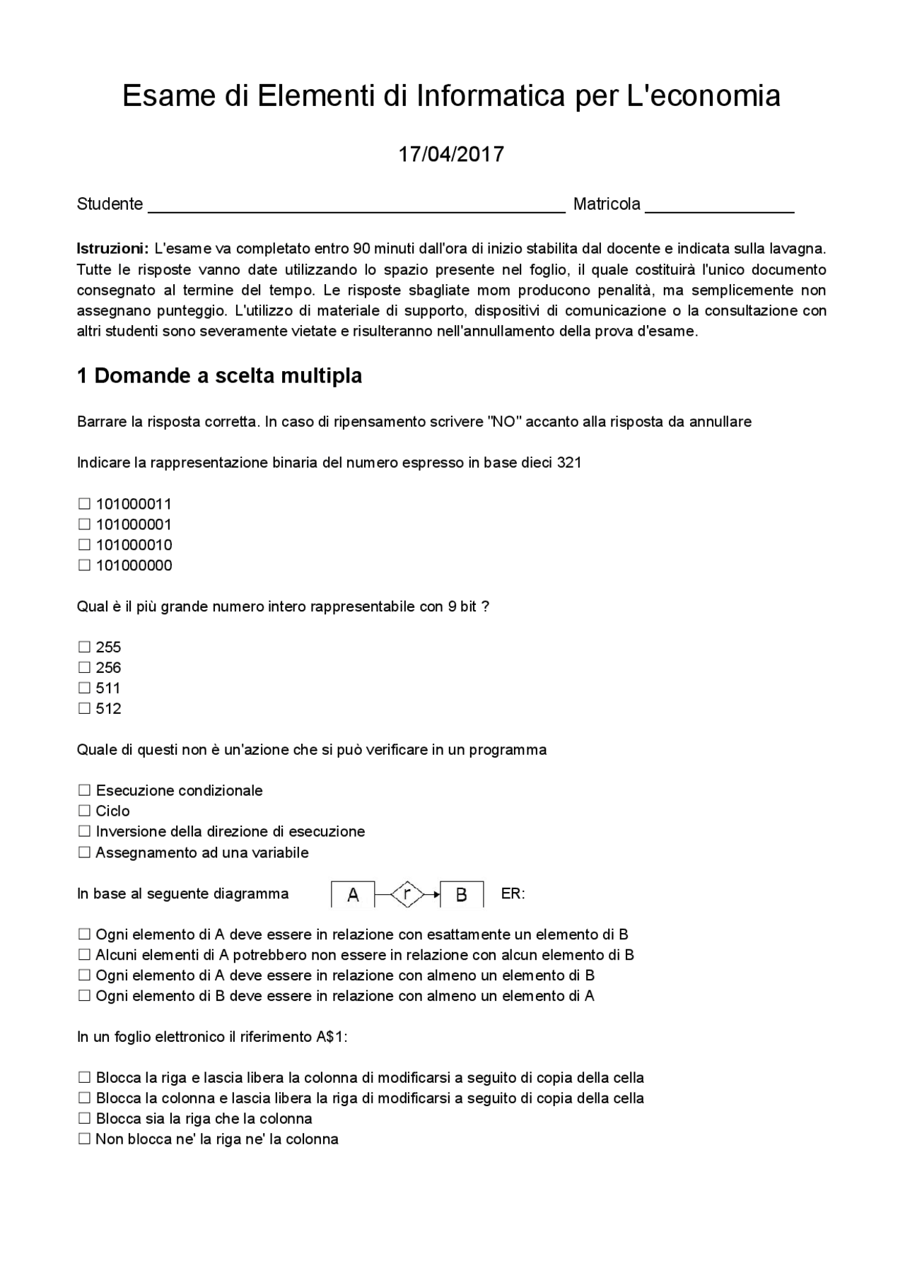 Esame Informatica Ca Foscari Venezia Prove Desame Di Elementi Di