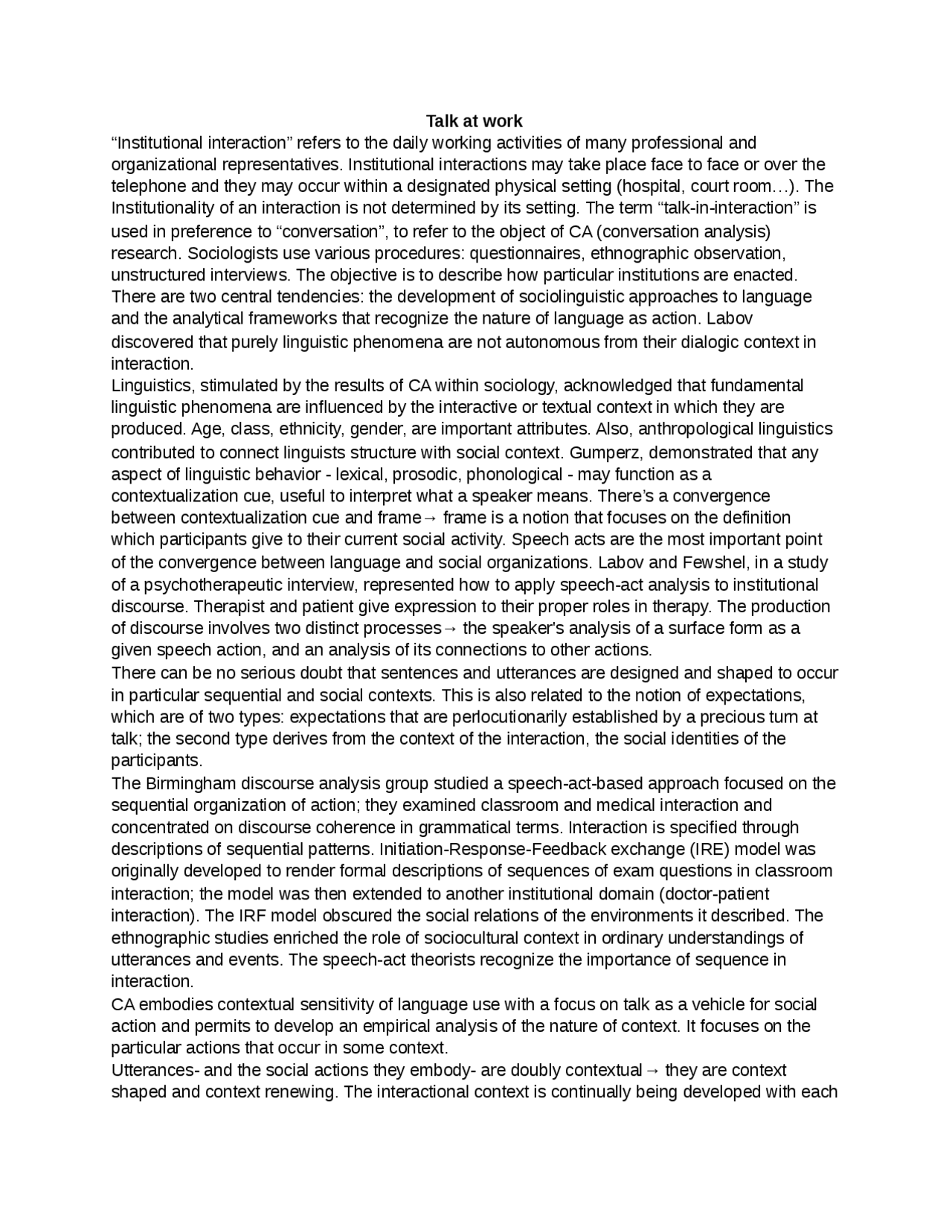 Talk at work chapter 1 - Docsity