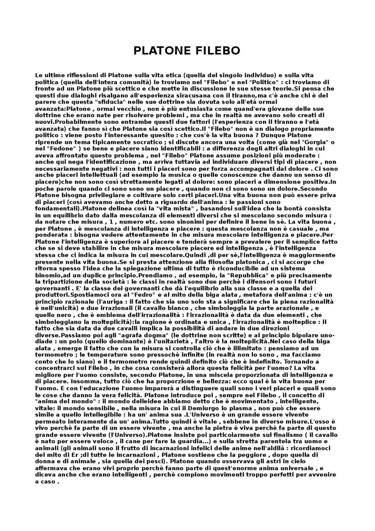Platone Filebo Riassunto Docsity
